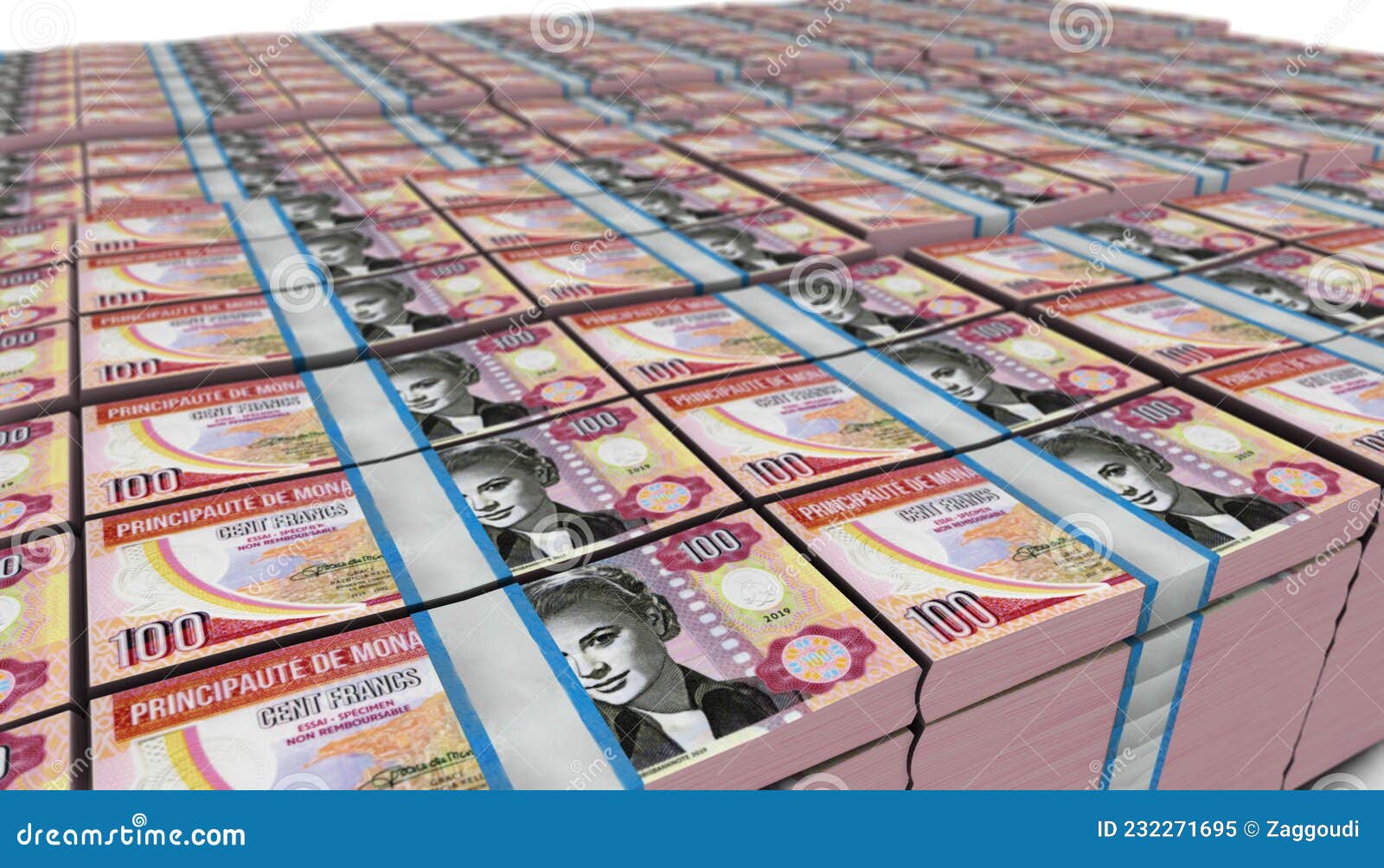 3D Large Stack of Monaco 100 Francs Banknote Stock Illustration ...