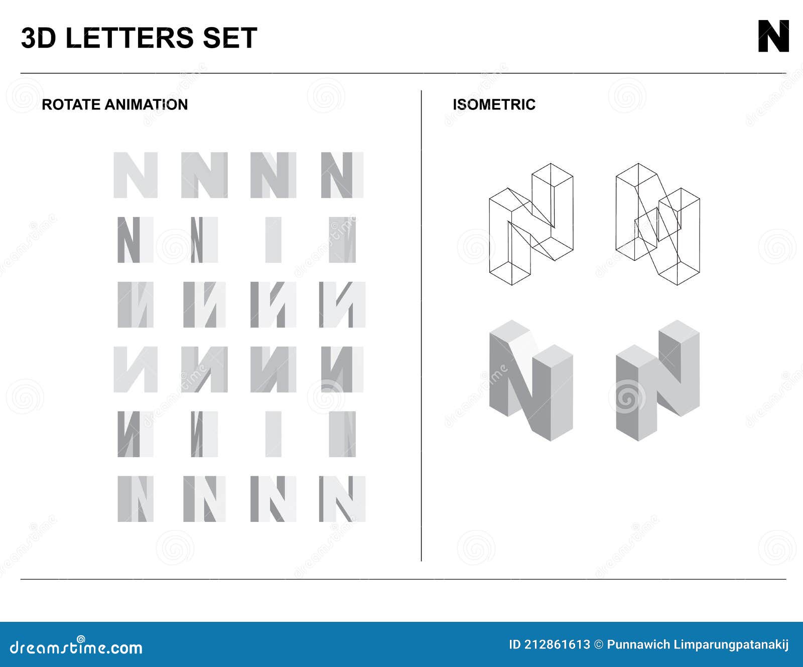 3d N Alphabet Letters Set Animate Isometric Wireframe Vector Stock ...
