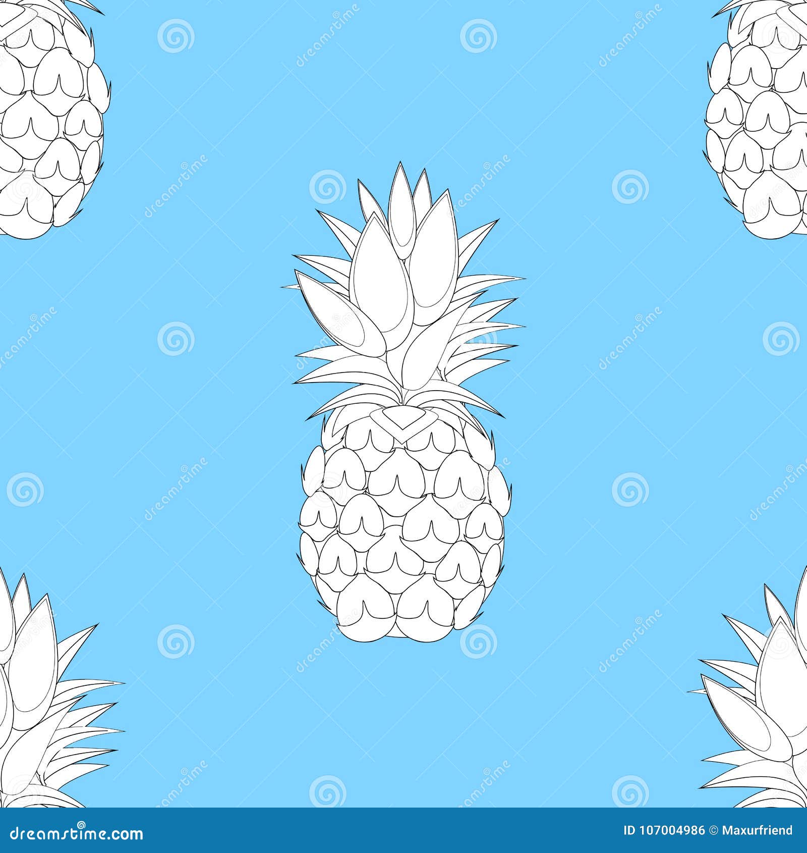 2d Lined Pineapple Fruit Contour Abstract Seamless Pattern on Aqua Blue ...