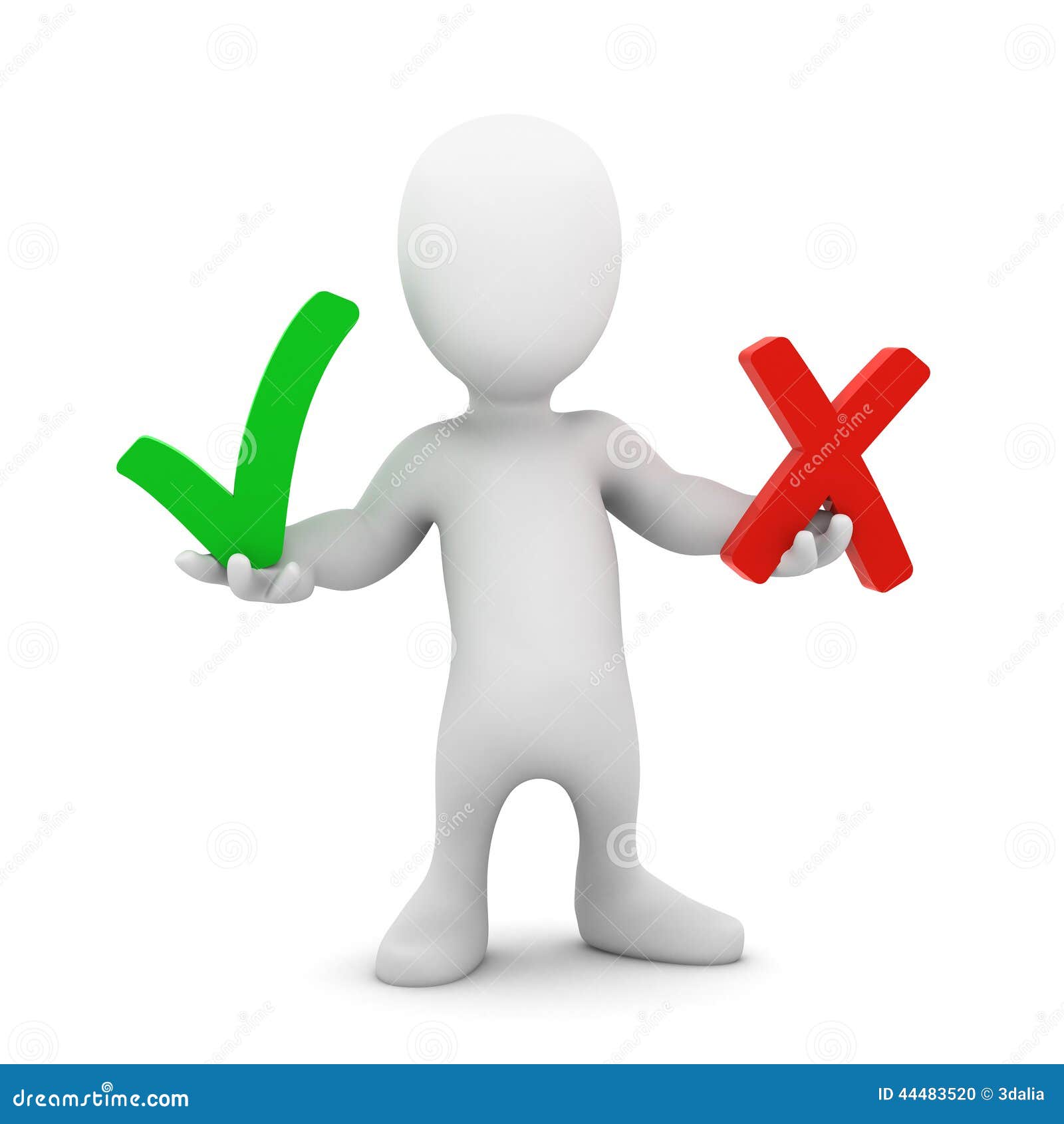 3d Little Man Holding a Tick and a Cross Stock Illustration ...