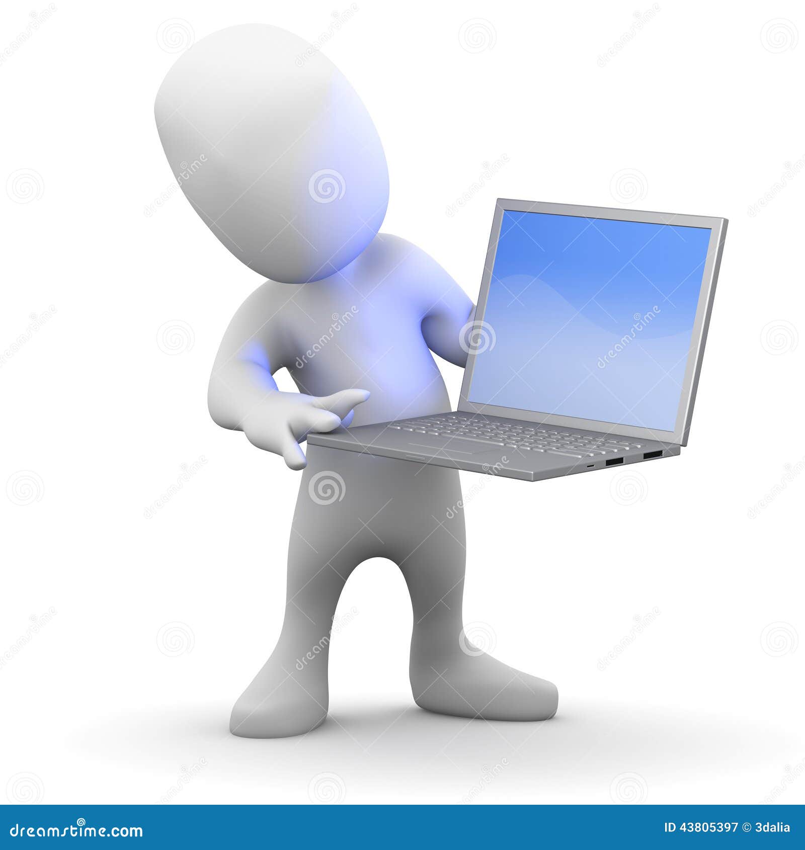 3d Little Man with a Laptop Pc Stock Illustration - Illustration of ...