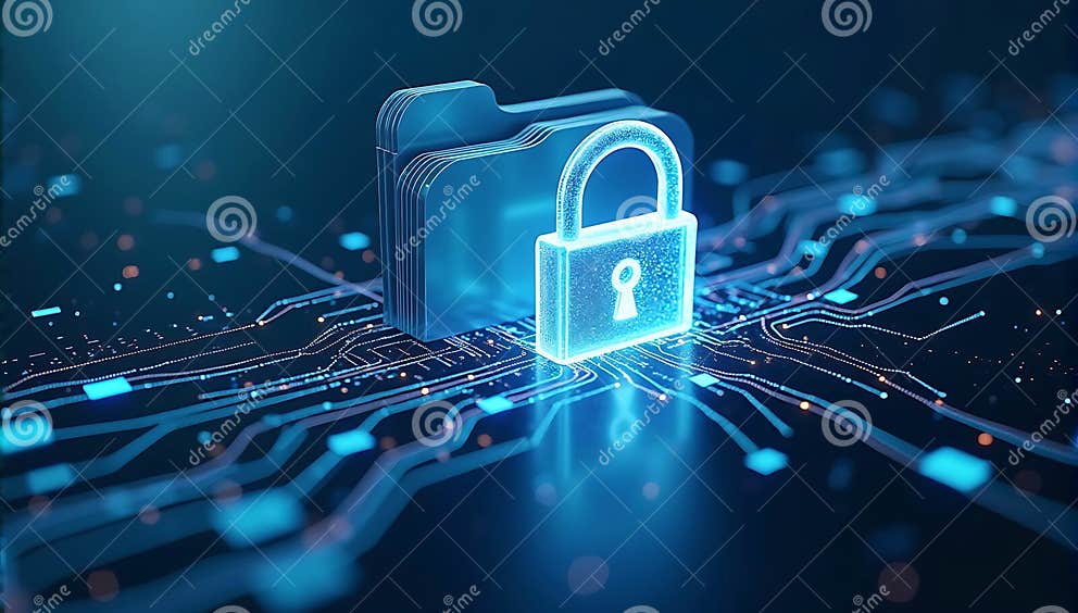 A 3D Locked Folder Icon Surrounded by Streams of Glowing Data and Binary Code, Symbolizing ...