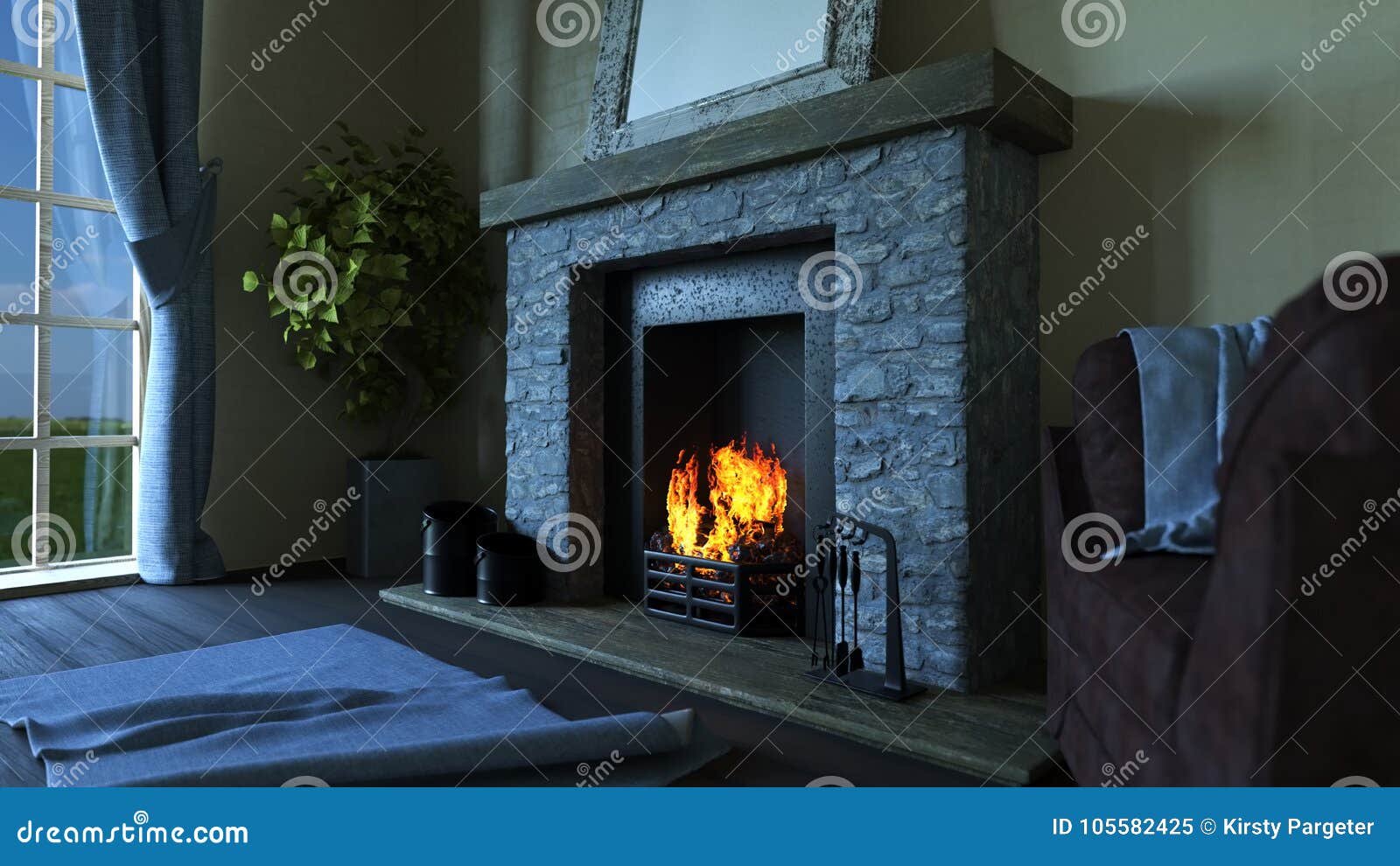 3D Lounge Interior with Roaring Fire in Fireplace Stock Illustration ...