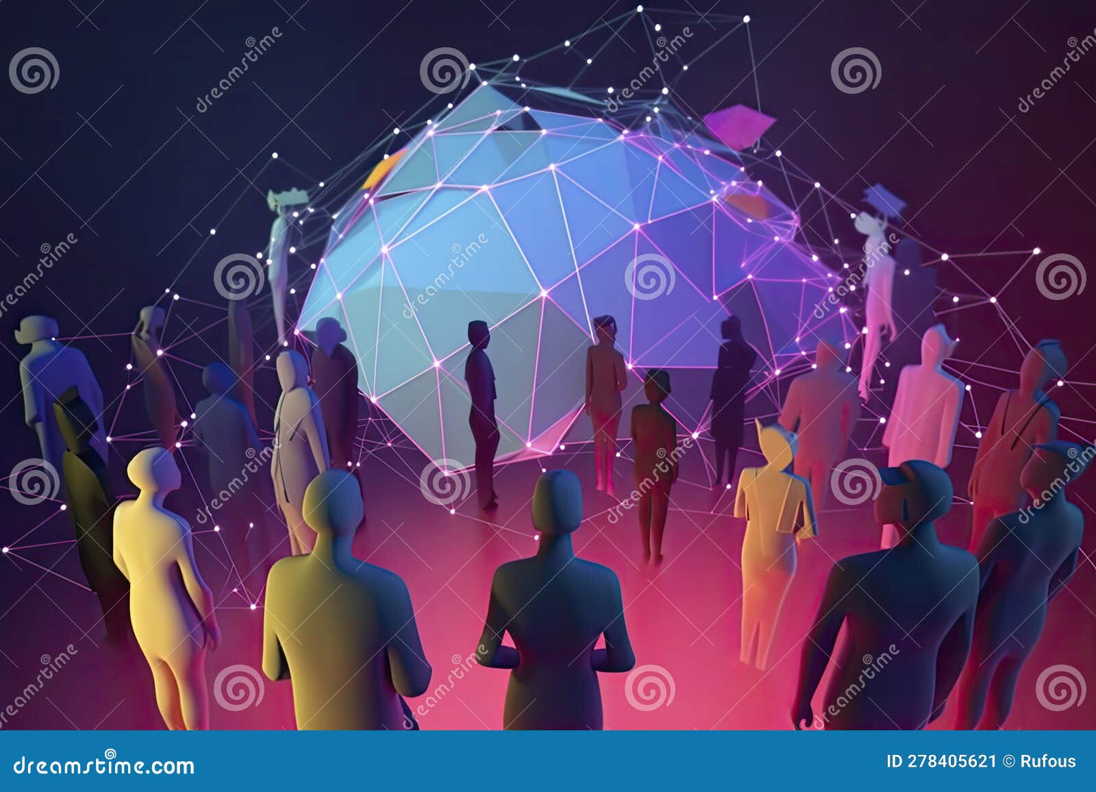 3d Low-poly Avatars Connected Together on an Abstract World. Metaverse ...