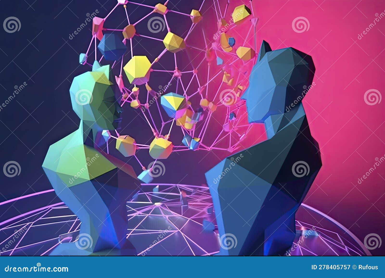 3d Low-poly Avatars Connected Together on an Abstract World. Metaverse ...