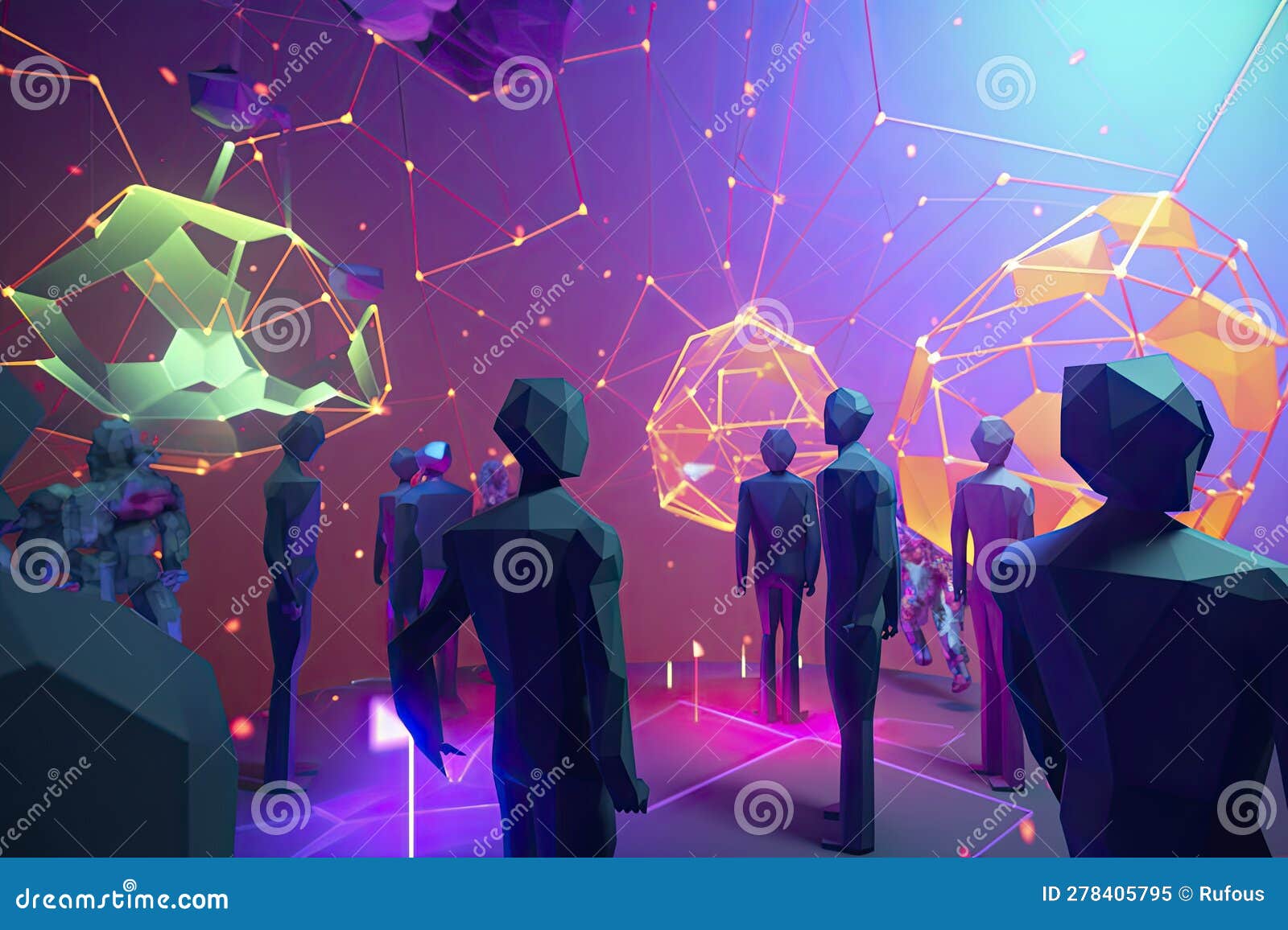 3d Low-poly Avatars Connected Together on an Abstract World. Metaverse ...