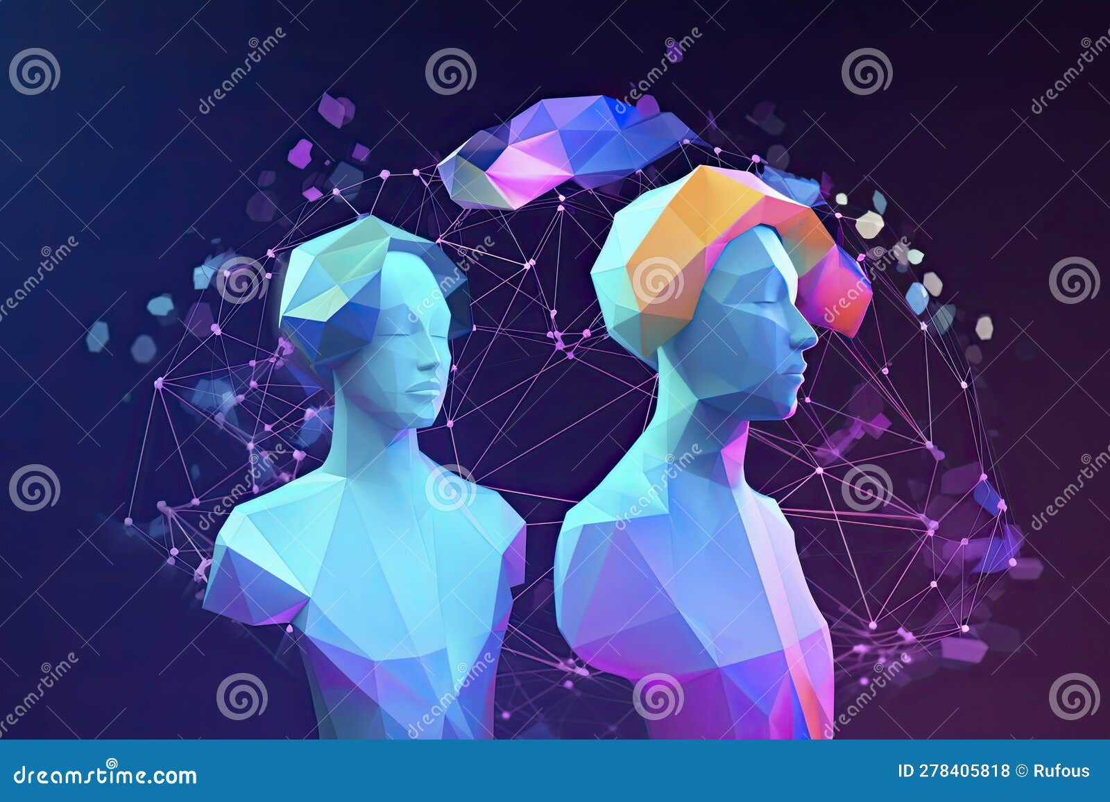 3d Low-poly Avatars Connected Together on an Abstract World. Metaverse ...