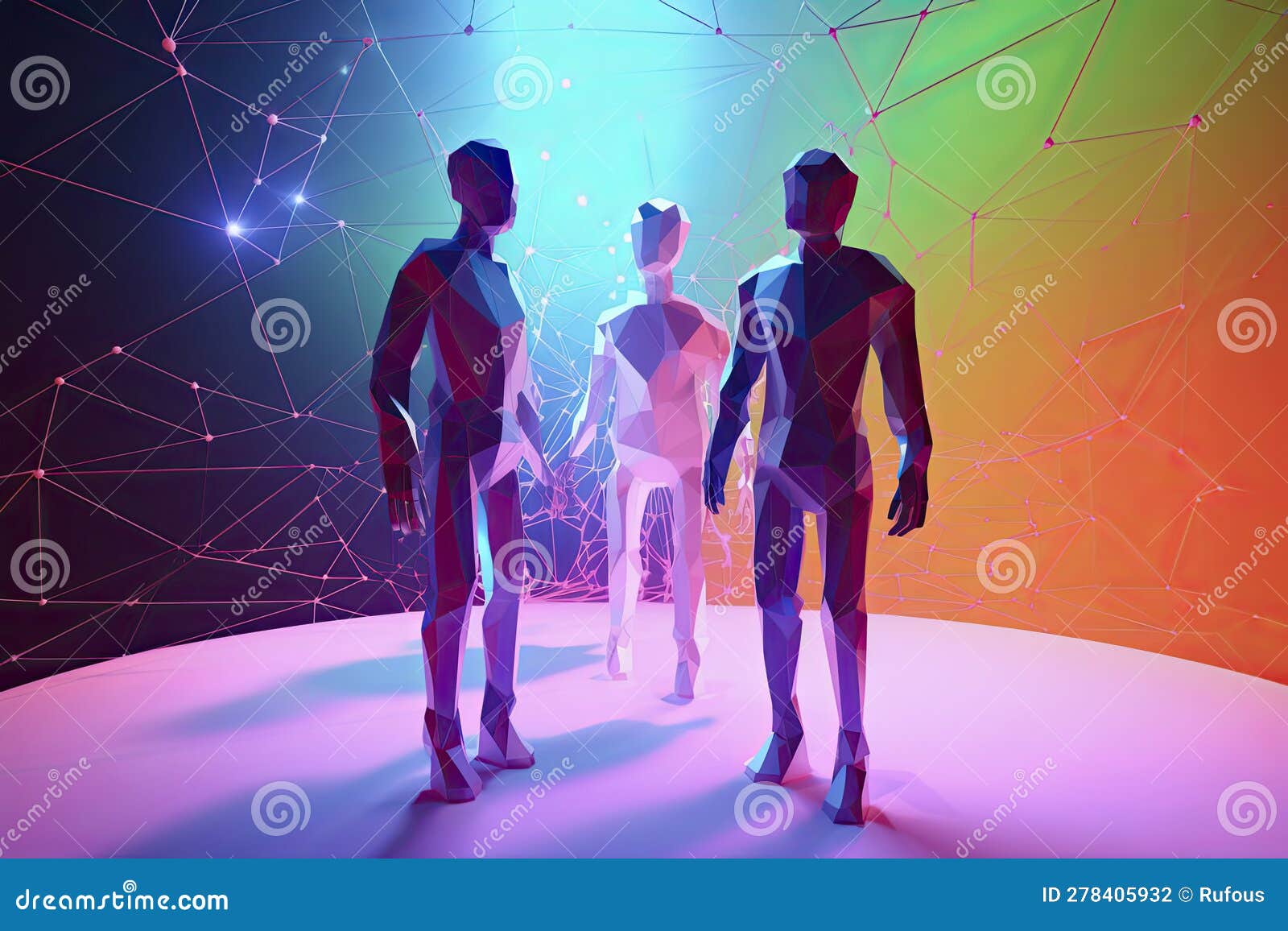 3d Low-poly Avatars Connected Together on an Abstract World. Metaverse ...