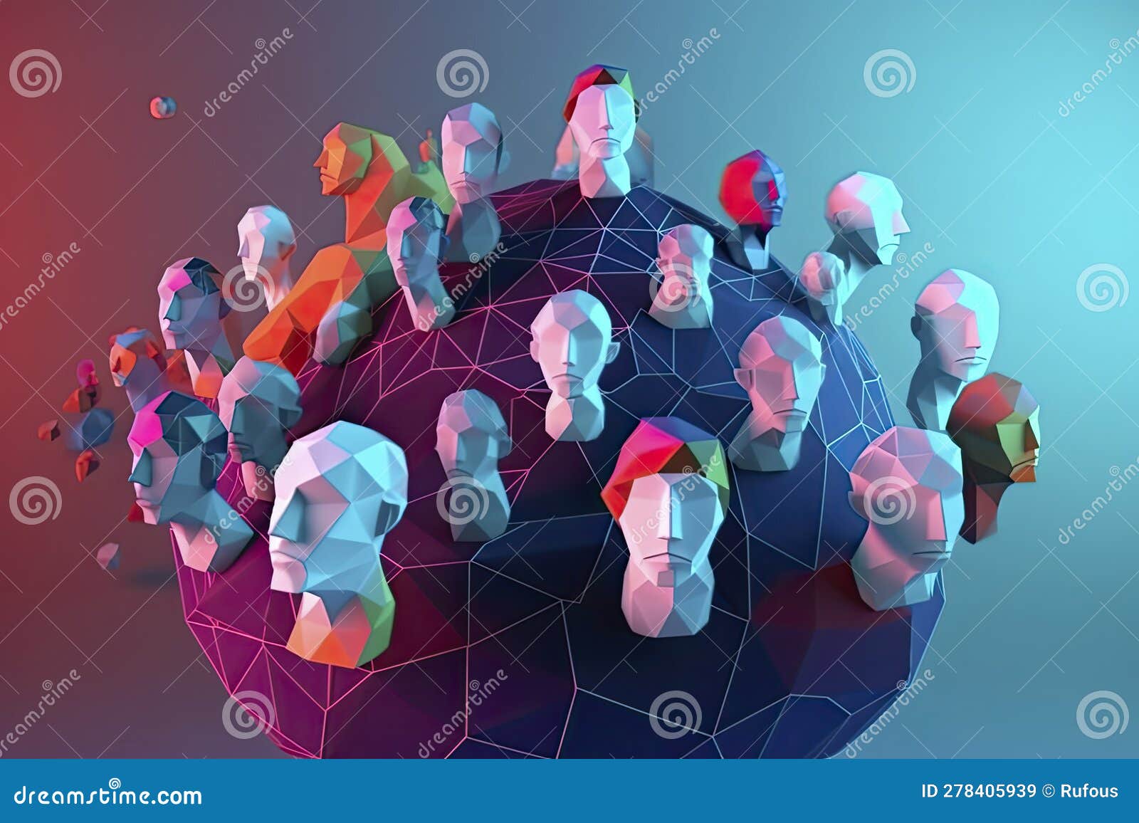 3d Low-poly Avatars Connected Together on an Abstract World. Metaverse ...