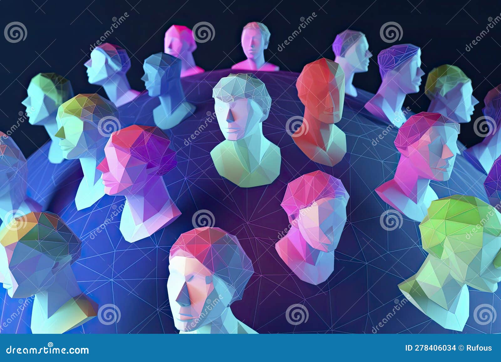 3d Low-poly Avatars Connected Together on an Abstract World. Metaverse ...