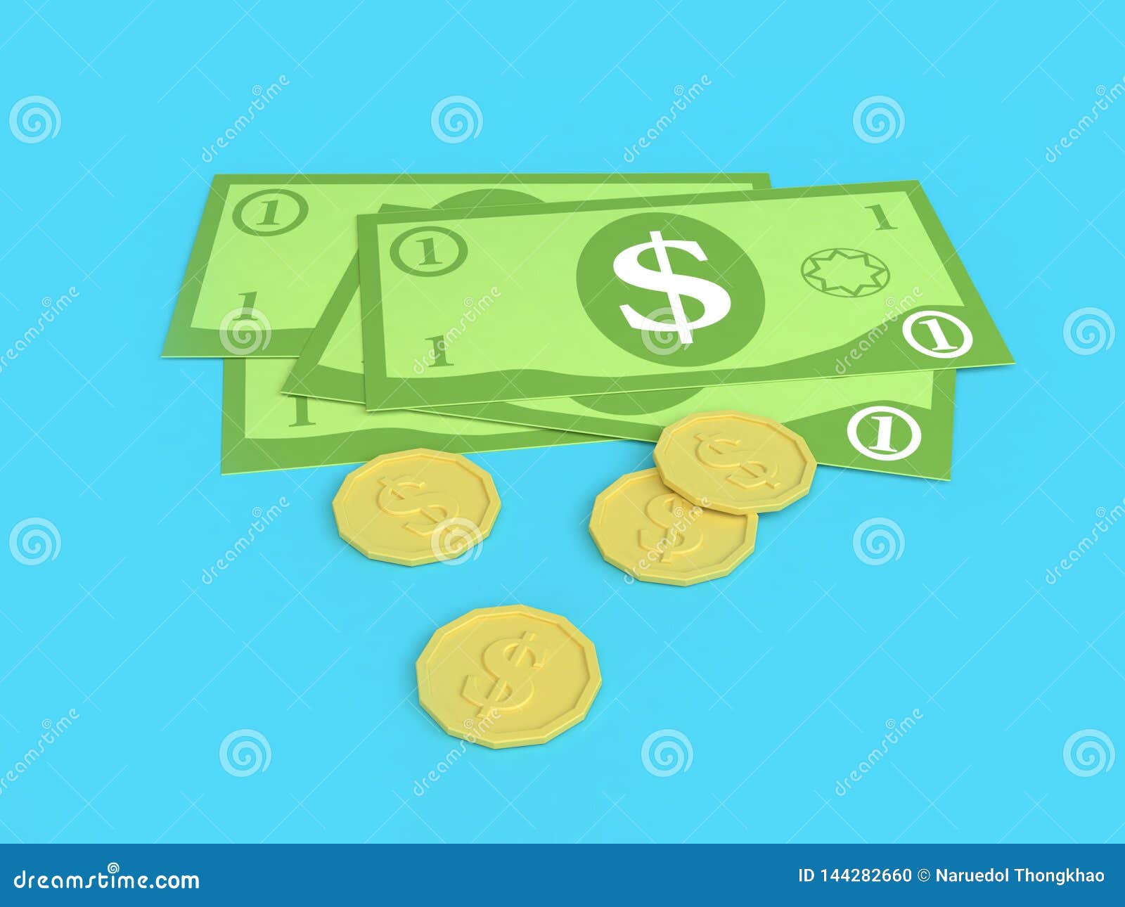 3d Low Poly Many Us Dollar Cash and Coin Cartoon Minimal 3d Render ...