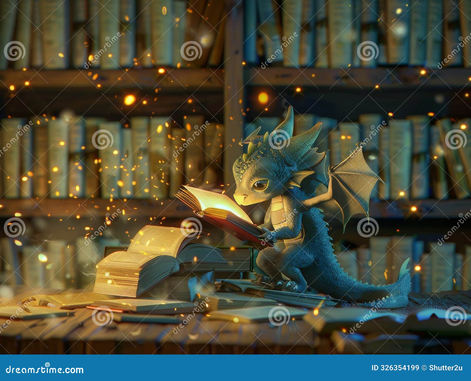 A 3D Magical Library Where Cute Tiny Dragons Read Miniature Books and ...