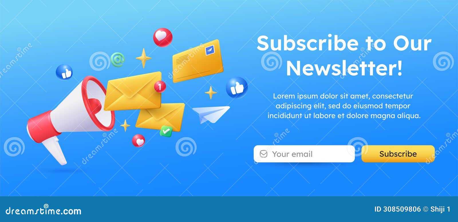 3d Mail Envelope and Megaphone Subscribe To Newsletter Banner Stock ...
