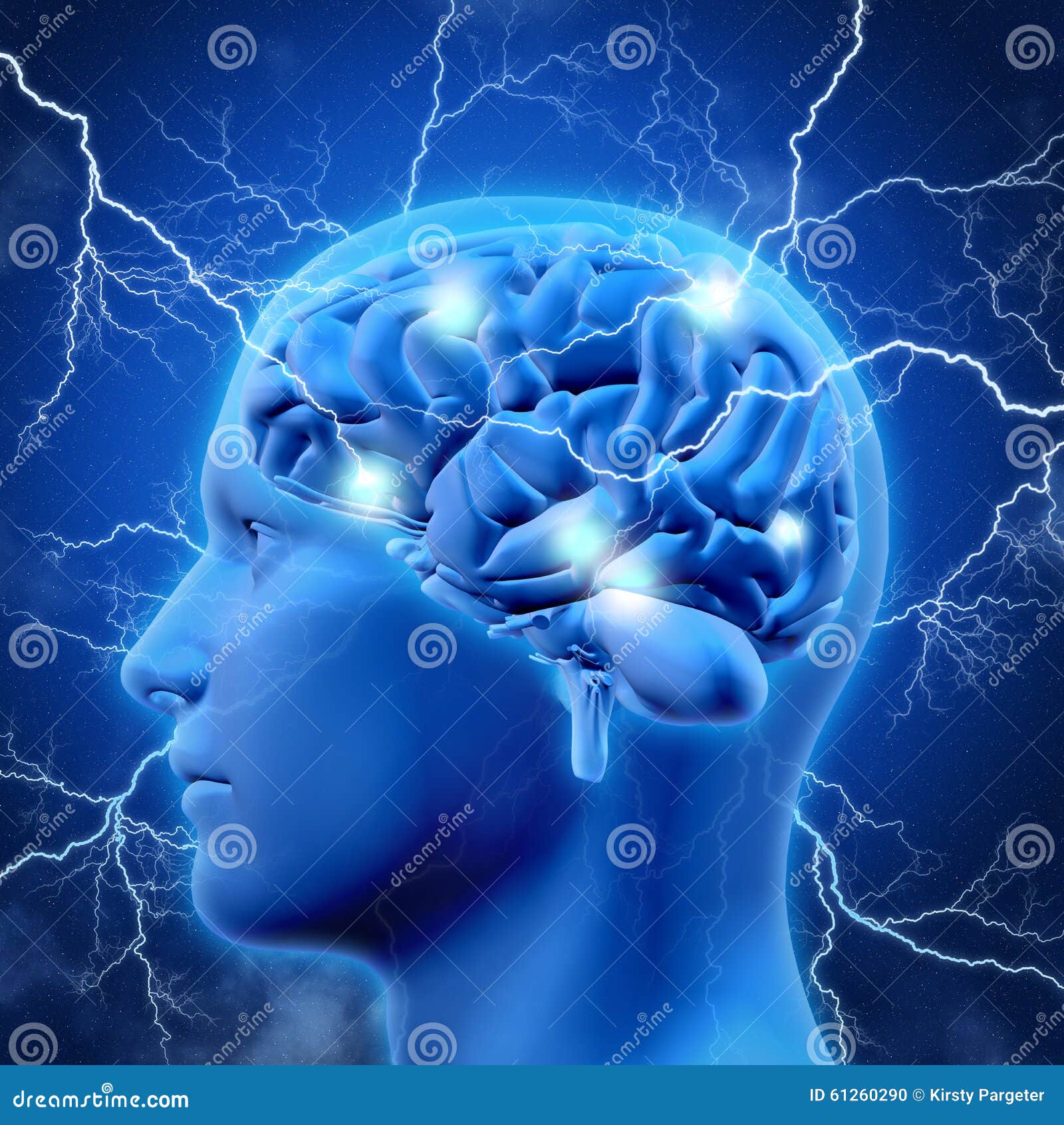 3D Male Head and Brain with Lightening Stock Illustration ...