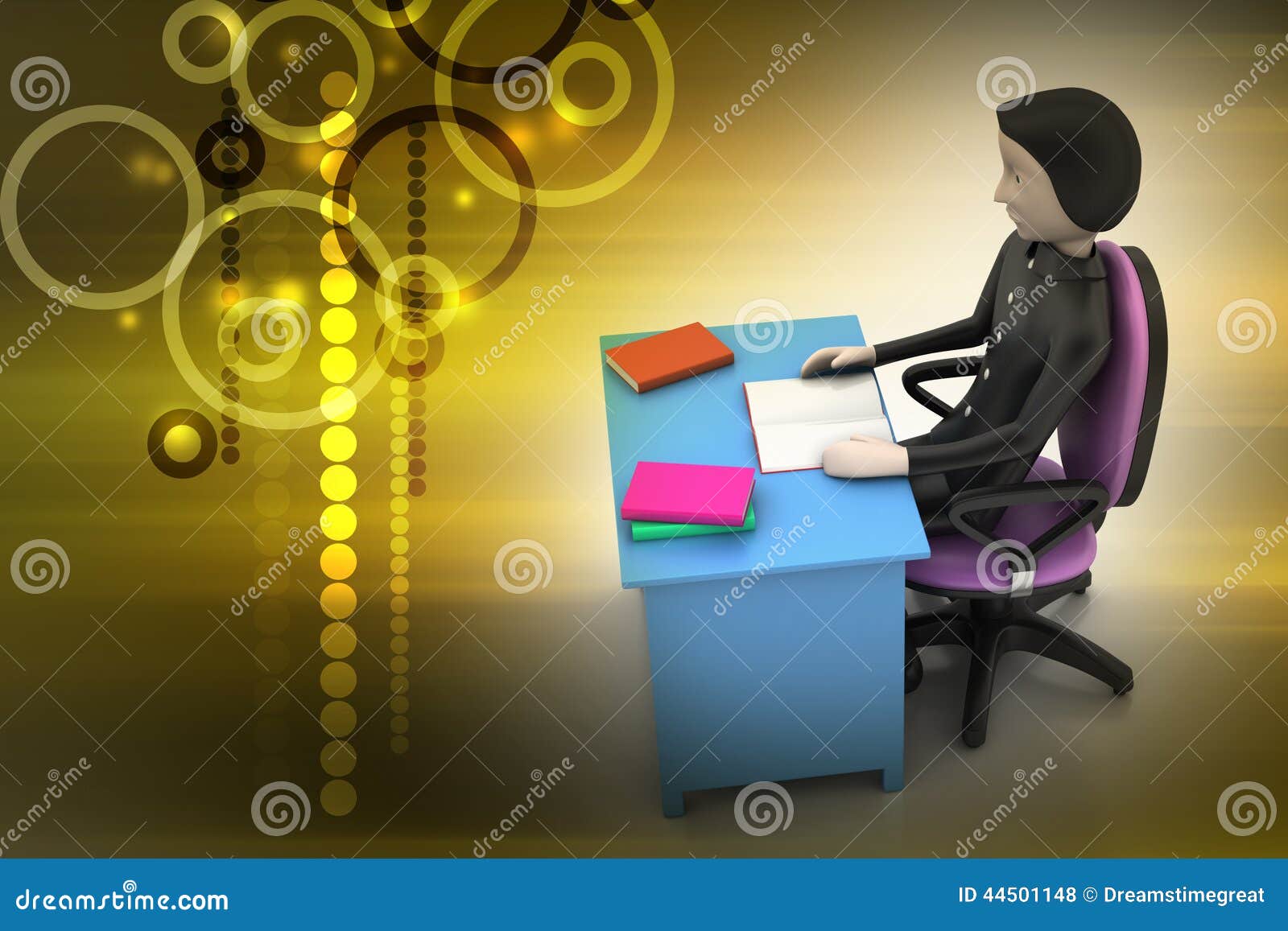 3d Man with Books at Table Study Stock Illustration - Illustration of ...