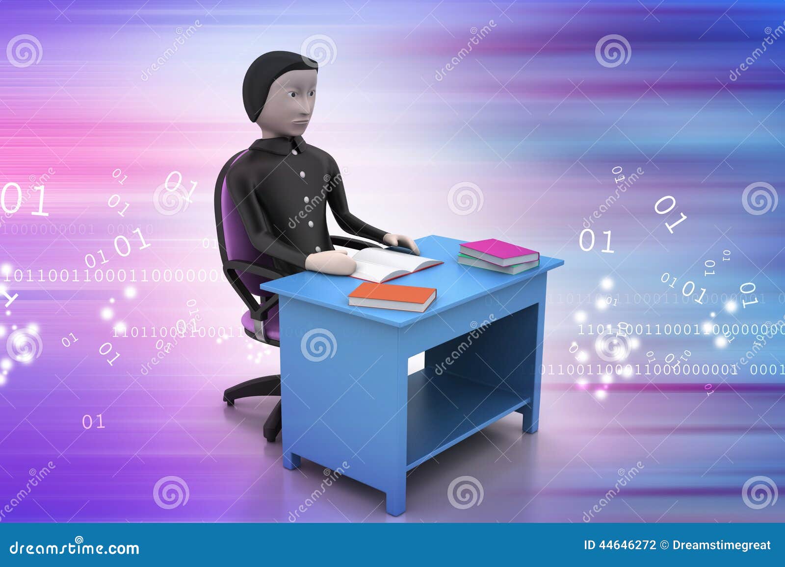 3d Man with Books at Table Study Stock Illustration - Illustration of ...