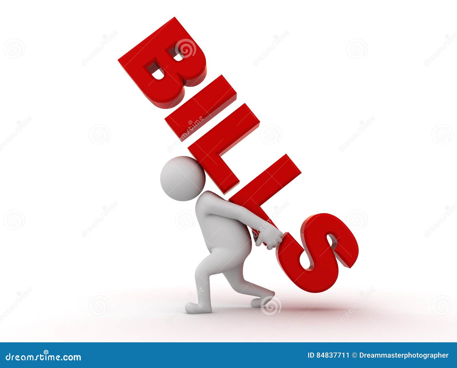 3d Man Carrying Word Bills on His Back on White Background Stock ...