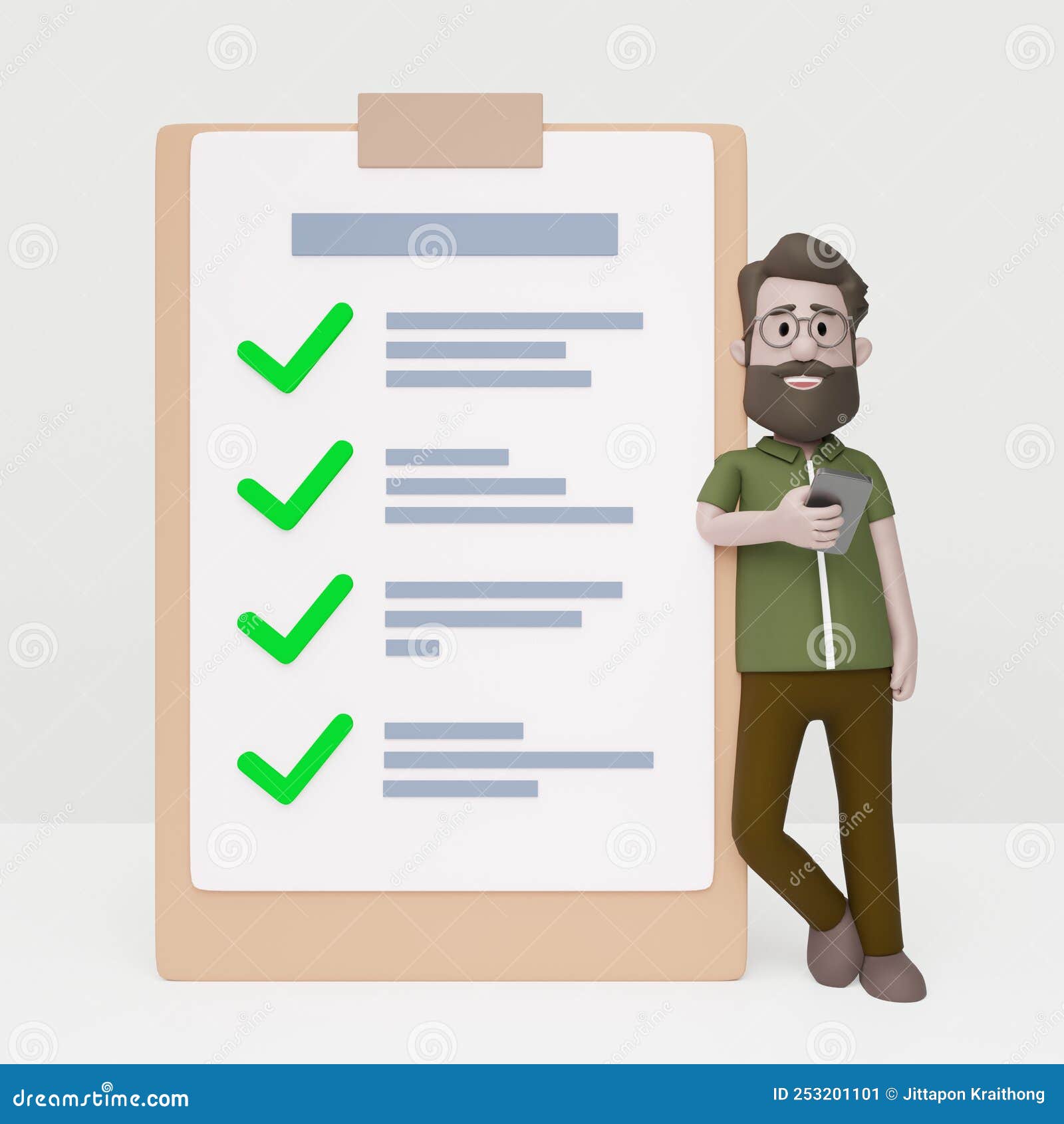 3D Man Checklist Happy Mobile Phone Task Management Stock Illustration ...