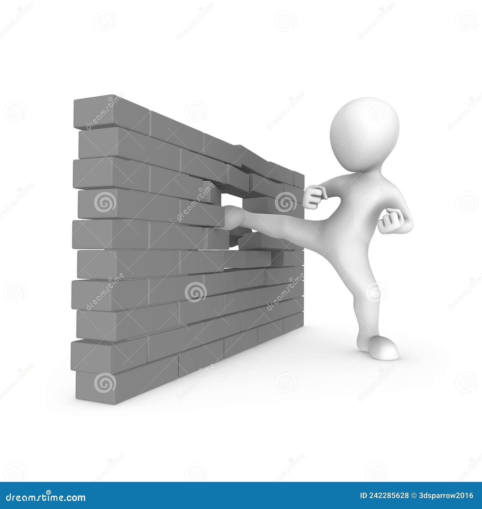 3d Man Destroys a Brick Wall with a Kick Stock Illustration ...