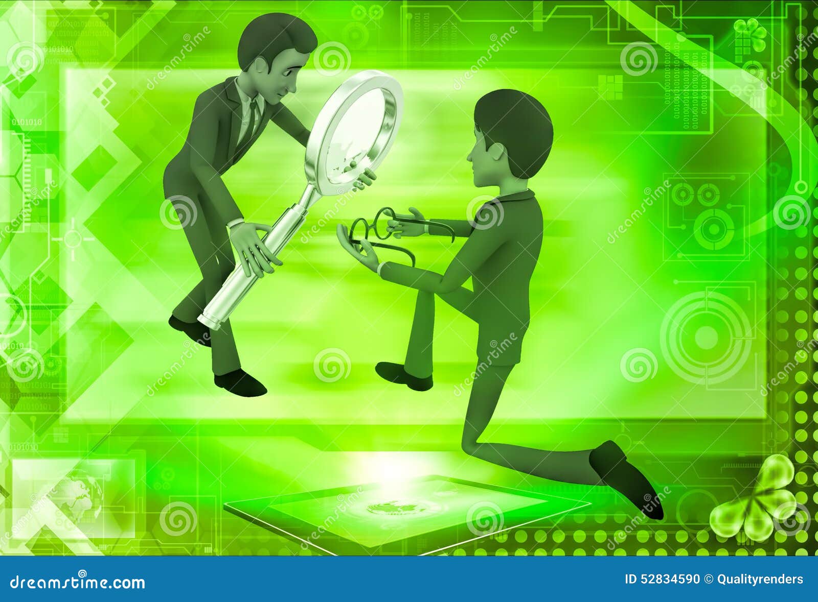 3d Man Examine Spectacles Using Magnifying Glass Illustration Stock ...