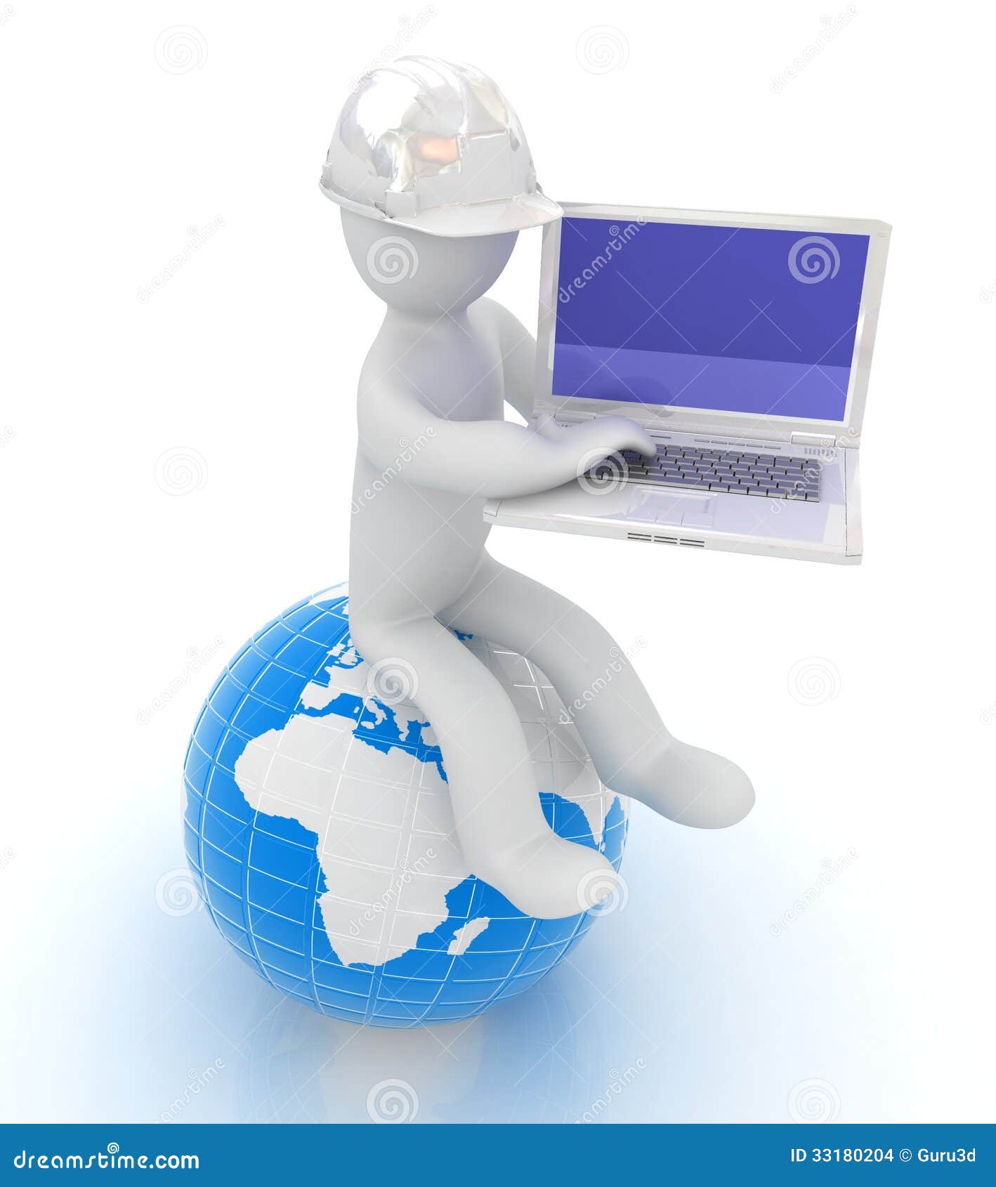 3d Man in a Hard Hat Sitting on Earth and Working at His Laptop Stock ...