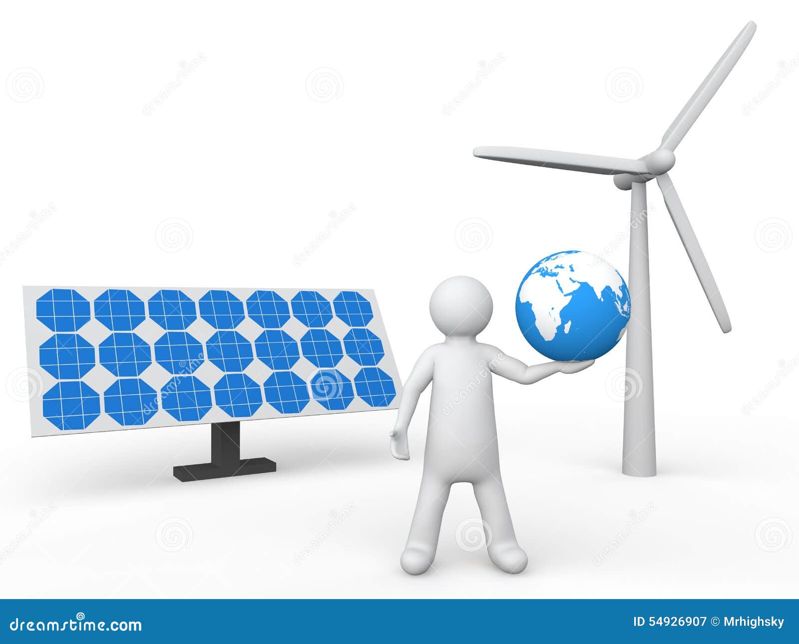 3d Man Holding Earth With Solar Panels And Wind Turbine Royalty-Free ...