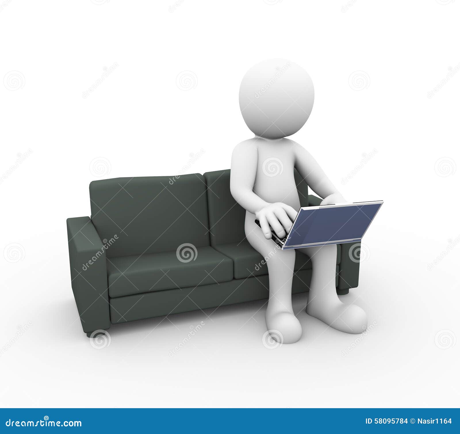 3d man with laptop on sofa stock illustration. Illustration of online ...