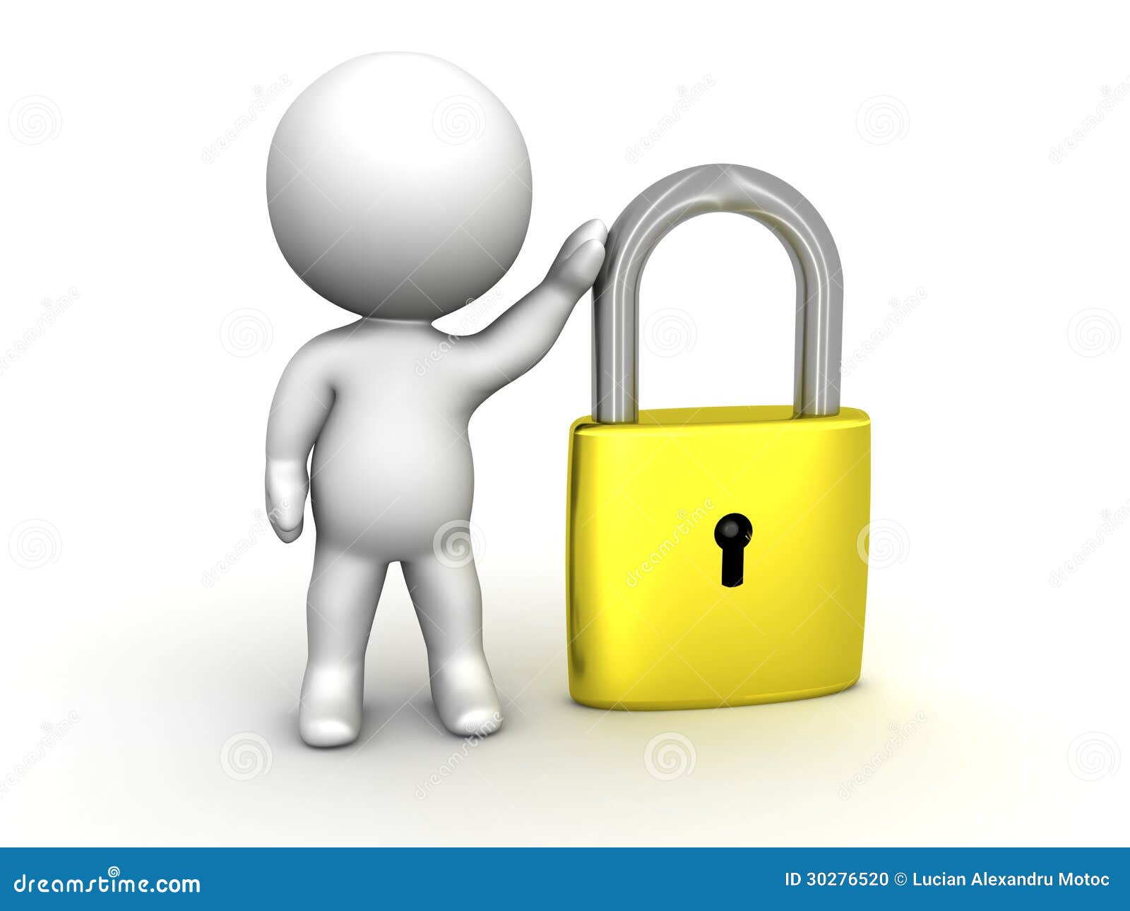 3D Man Leaning on PadLock Security Concept Stock Illustration ...