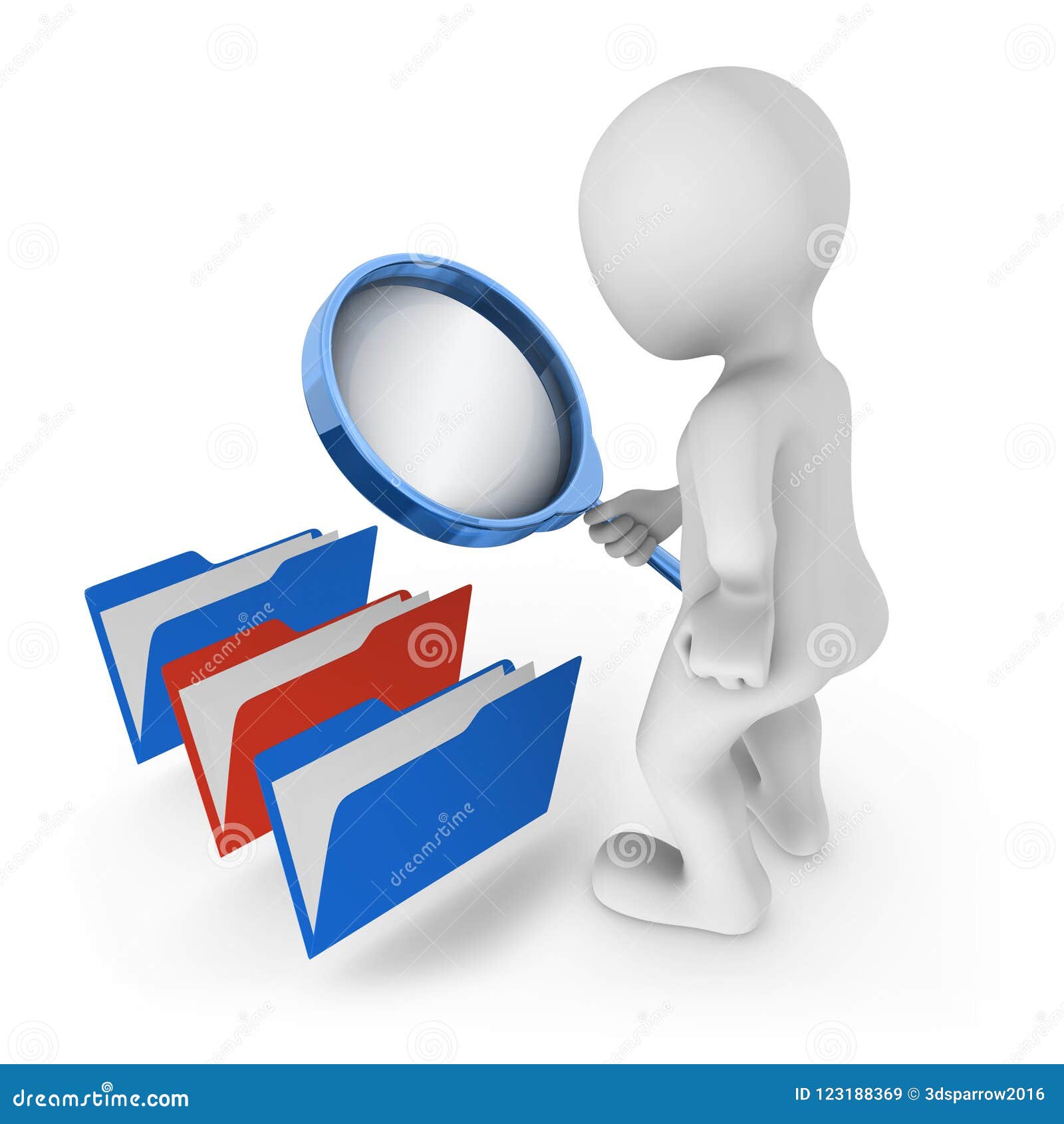 3d Man With Magnifying Glass Looks At Folders Stock Illustration