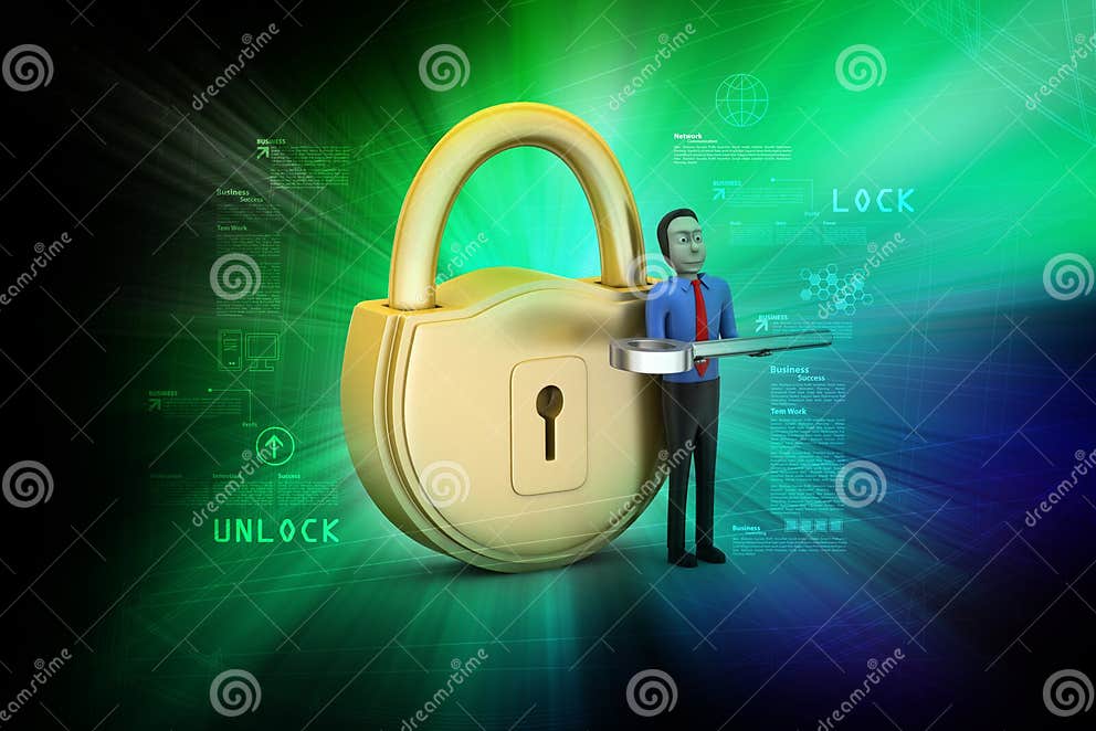 3d man with padlock stock illustration. Illustration of background ...
