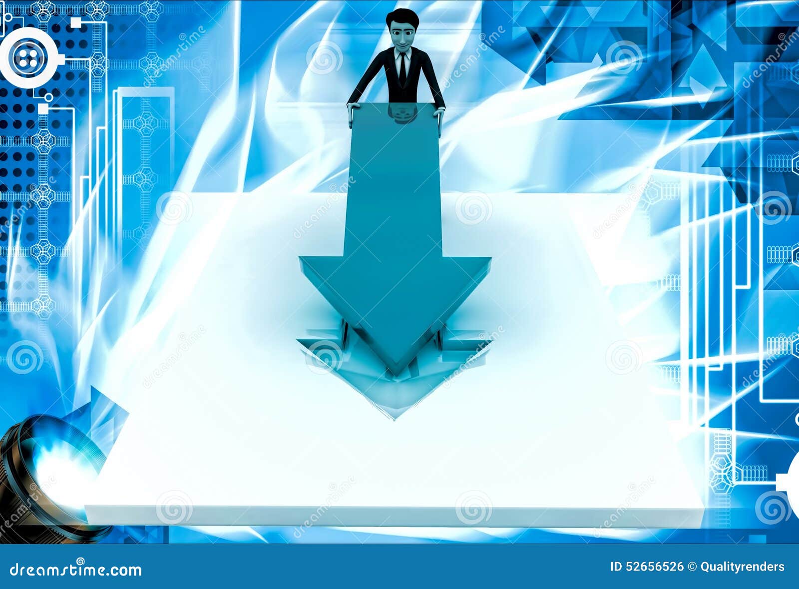 3d Man Placing And Fixing Red Arrow On Floor Illustration Stock ...