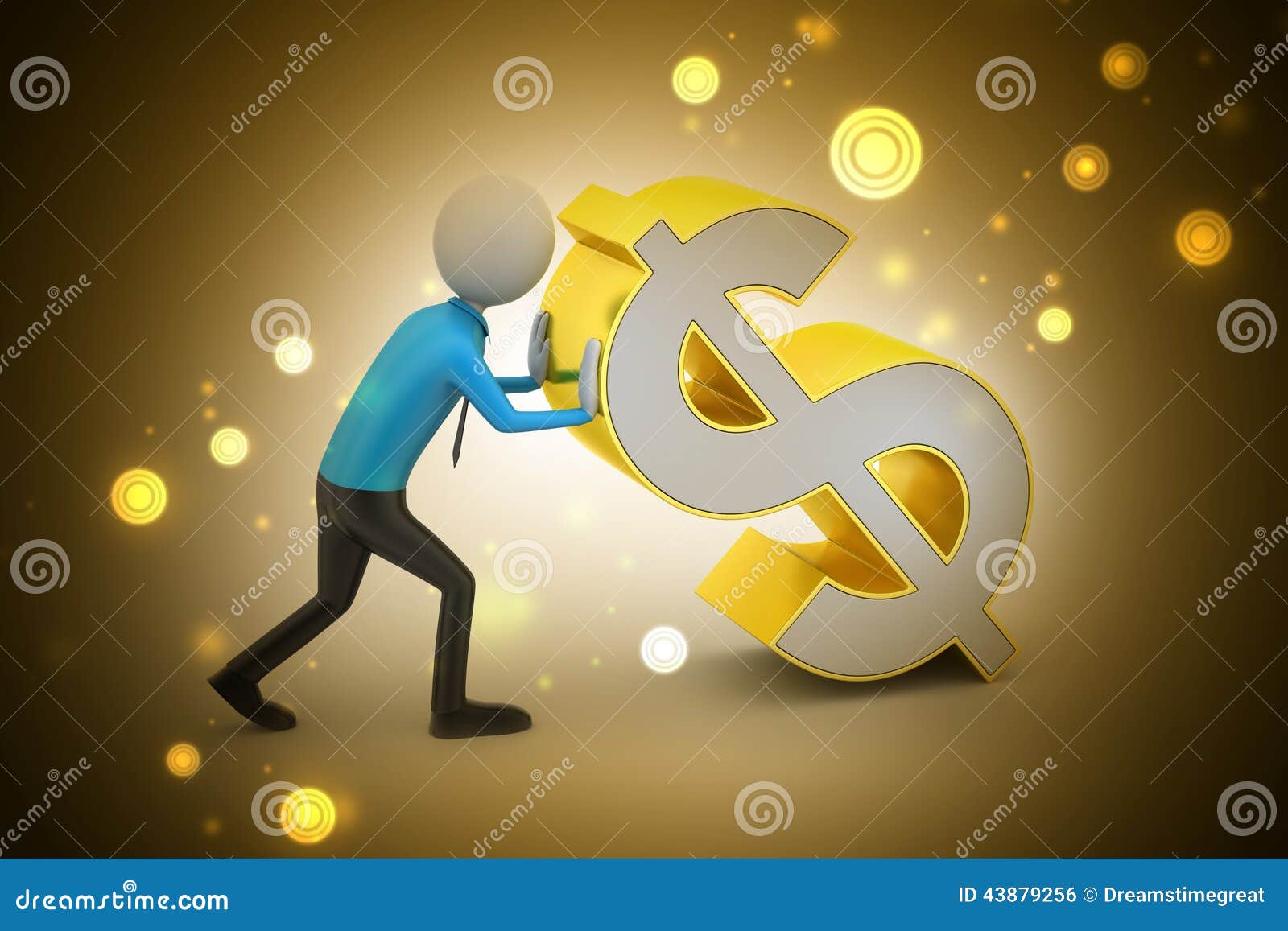 3d Man Pushing the Dollar Sign Stock Illustration - Illustration of ...