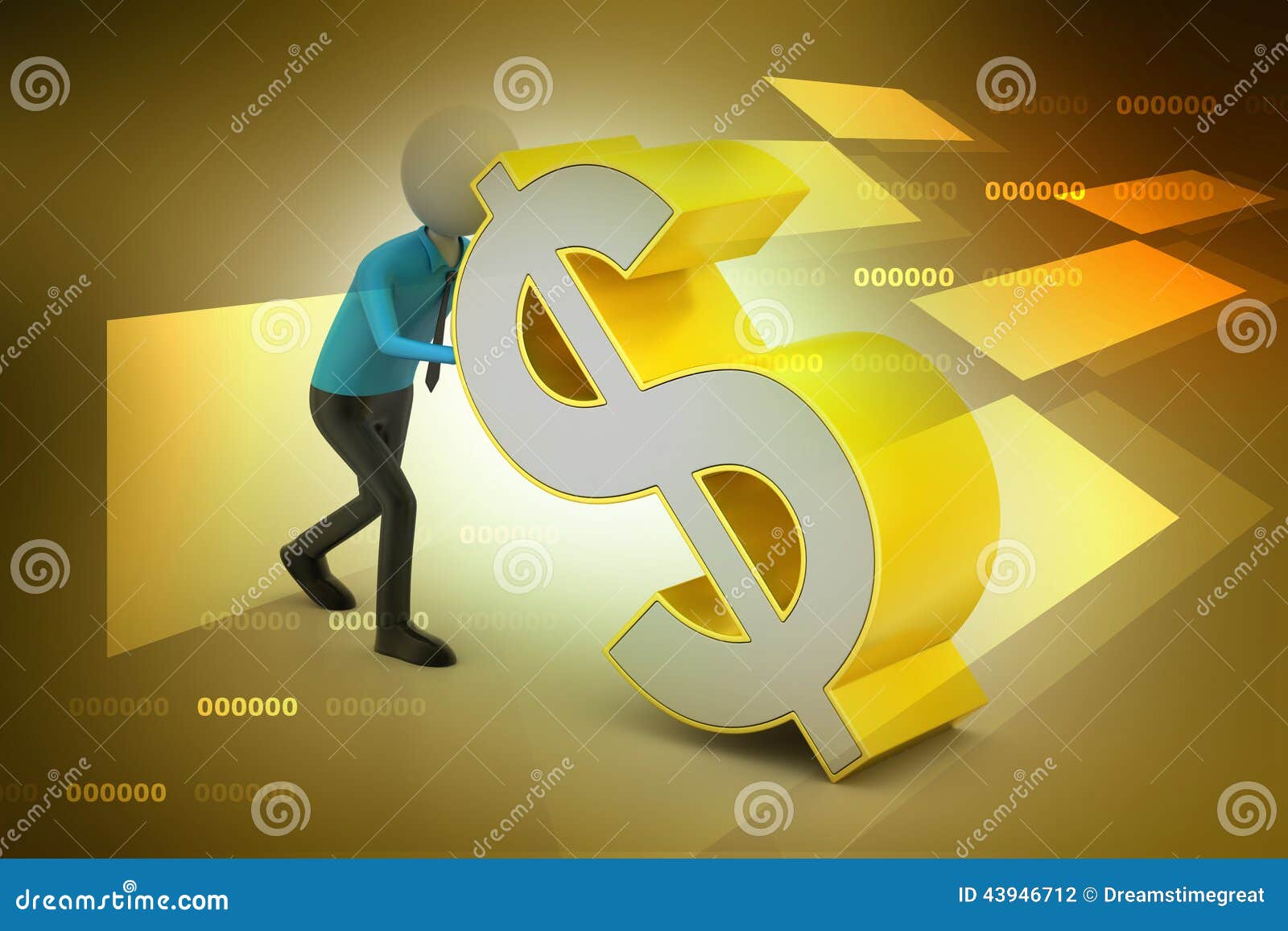 3d Man Pushing the Dollar Sign Stock Illustration - Illustration of ...