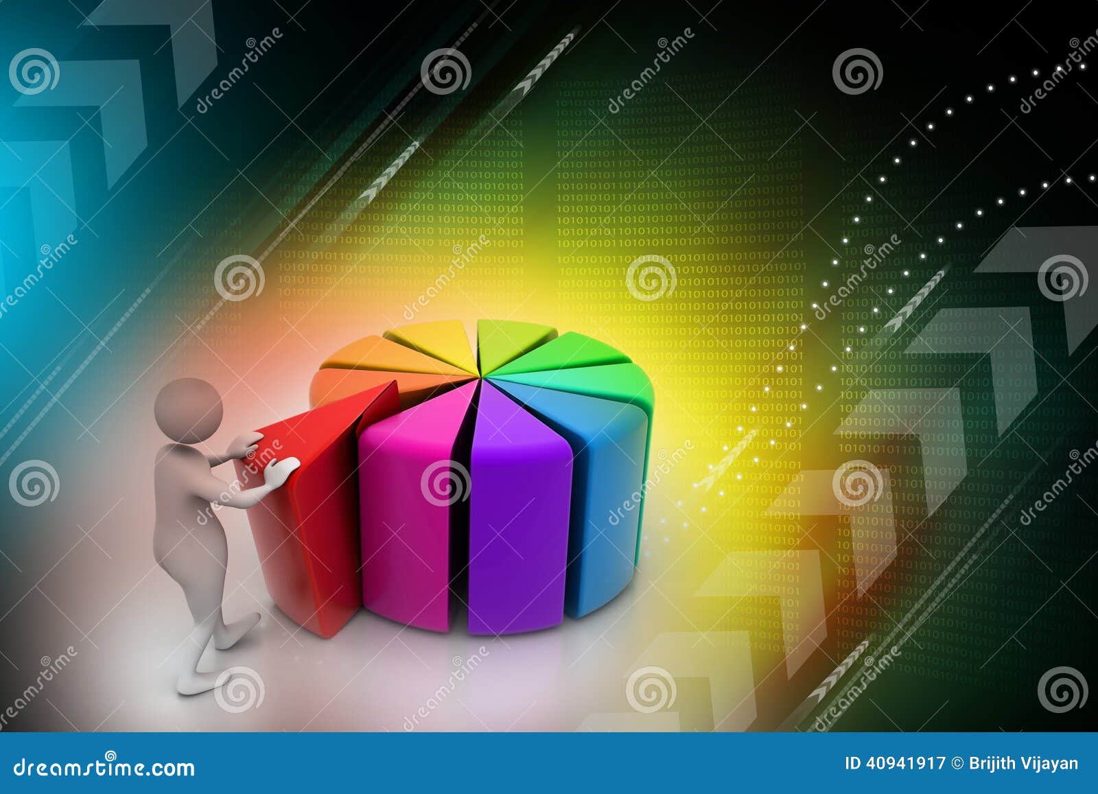 3d Man Pushing Red Peace of Pie Chart Stock Illustration - Illustration ...