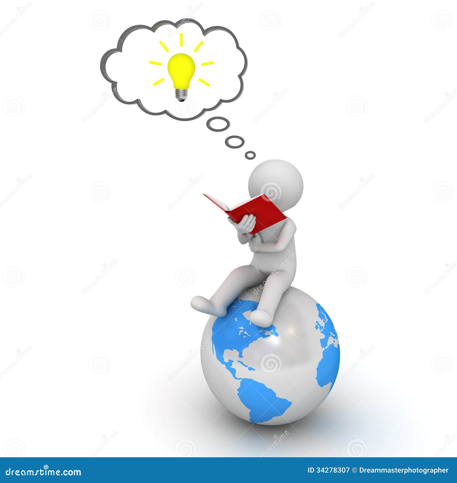 3d Man Reading A Book On Blue Globe And Thinking With Idea Bulb In ...