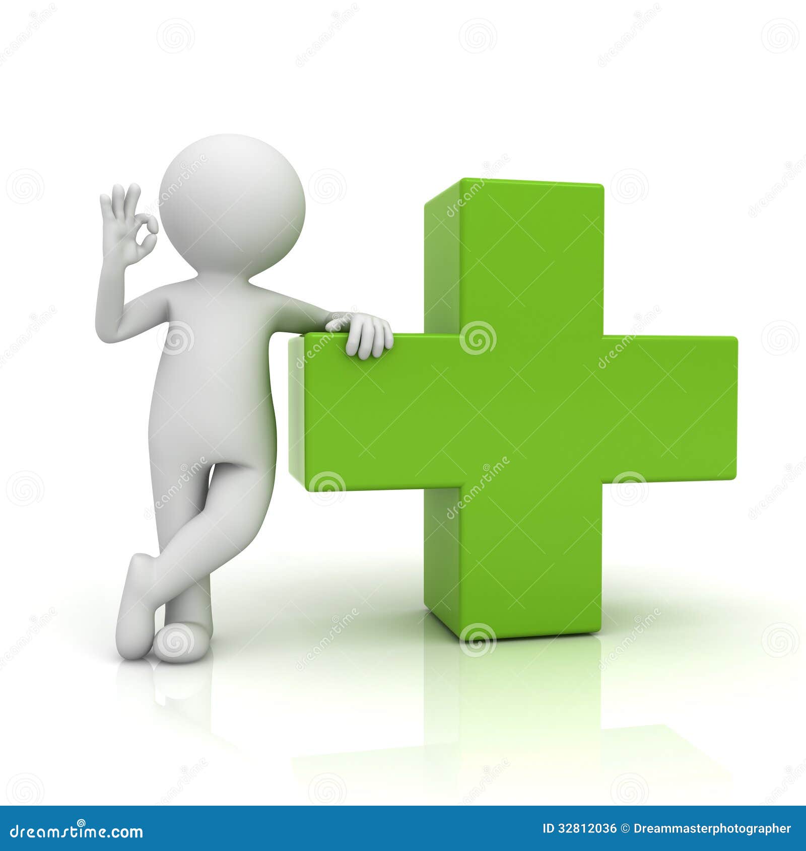 3d Man Showing Okay Gesture with Green Plus Sign Over White Background ...