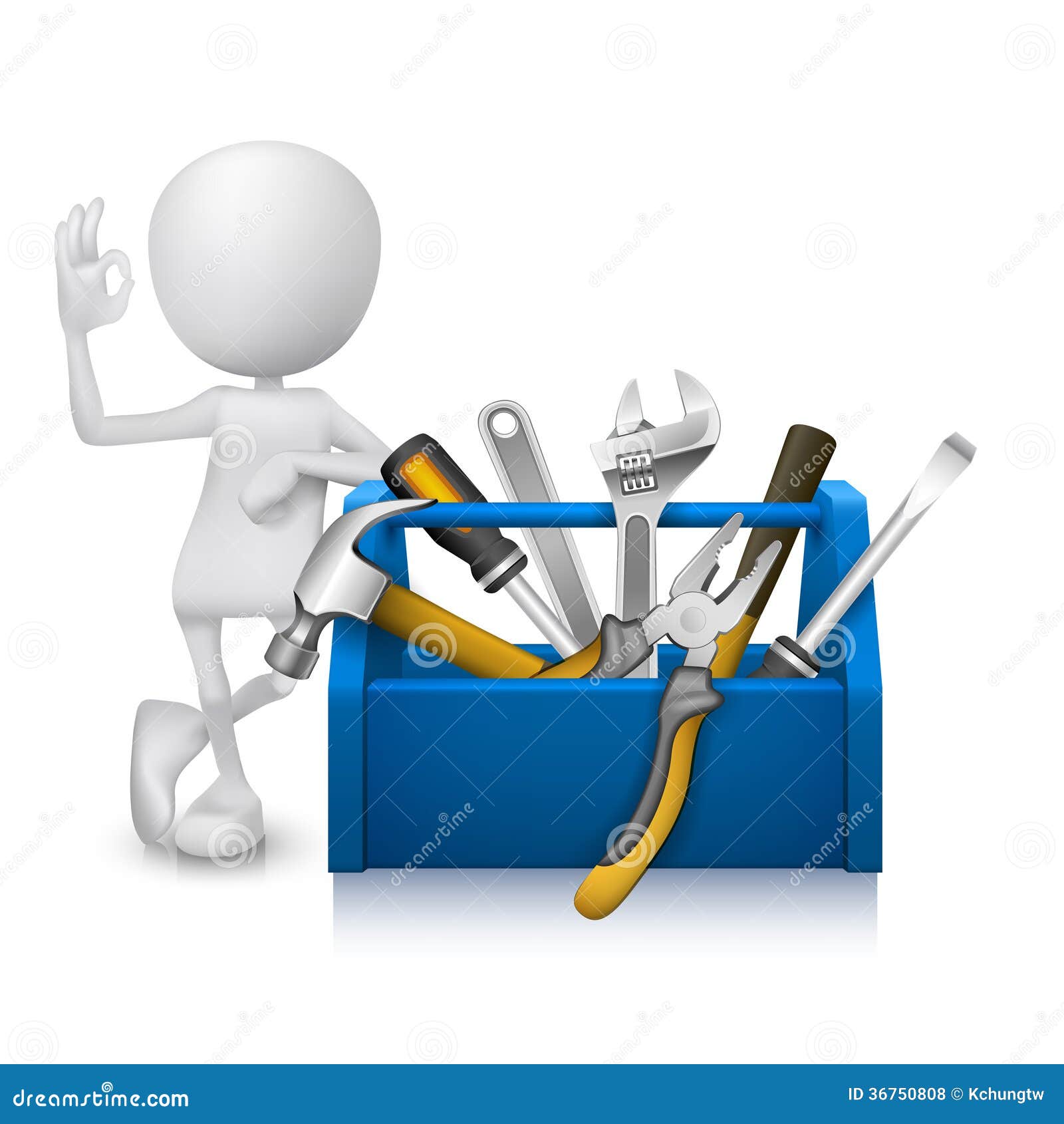 3d Man Showing Okay Hand Sign With A Toolbox With Tools Vector ...
