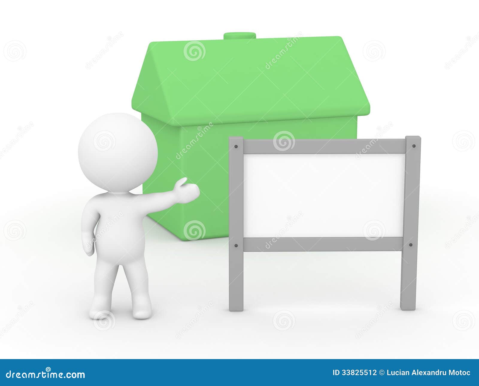 3D Man Showing Sign in Front of House Stock Illustration - Illustration ...
