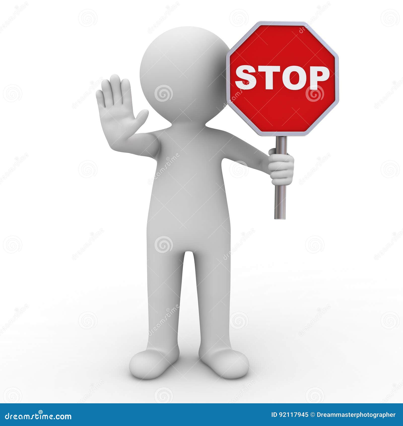 3d Man Showing Stop Gesture And Holding Stop Sign Over White Background ...
