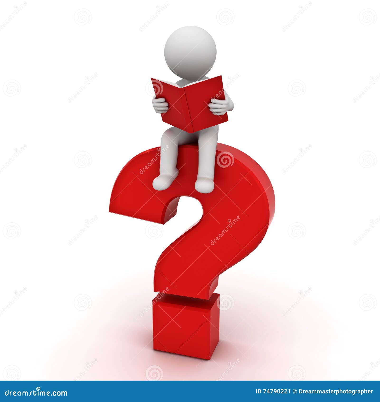 3d Man Sitting On A Big Red Question Mark And Reading A Book Royalty ...