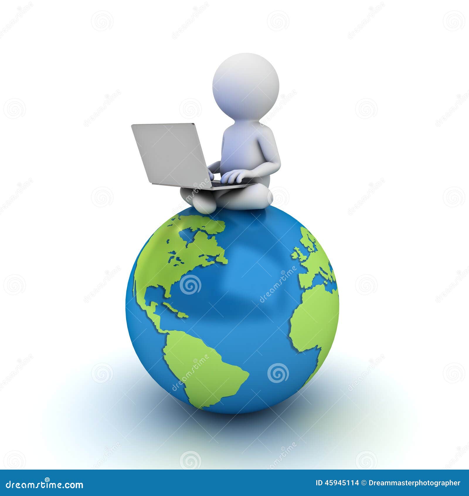 3d Man Sitting on Blue Globe Map and Using Laptop Computer Stock ...