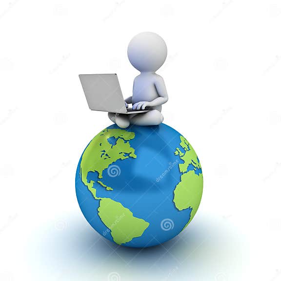 3d Man Sitting on Blue Globe Map and Using Laptop Computer Stock ...