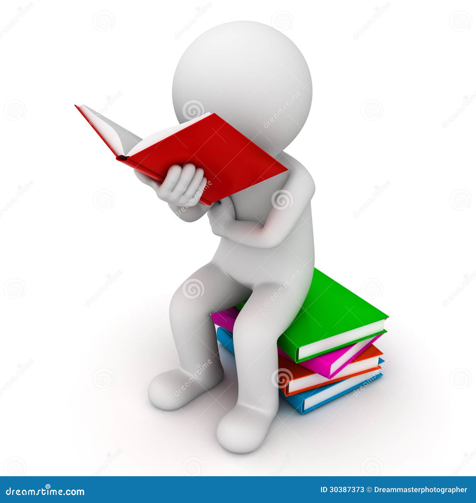 3d Man Sitting on a Pile of Books and Reading Book Stock Illustration ...