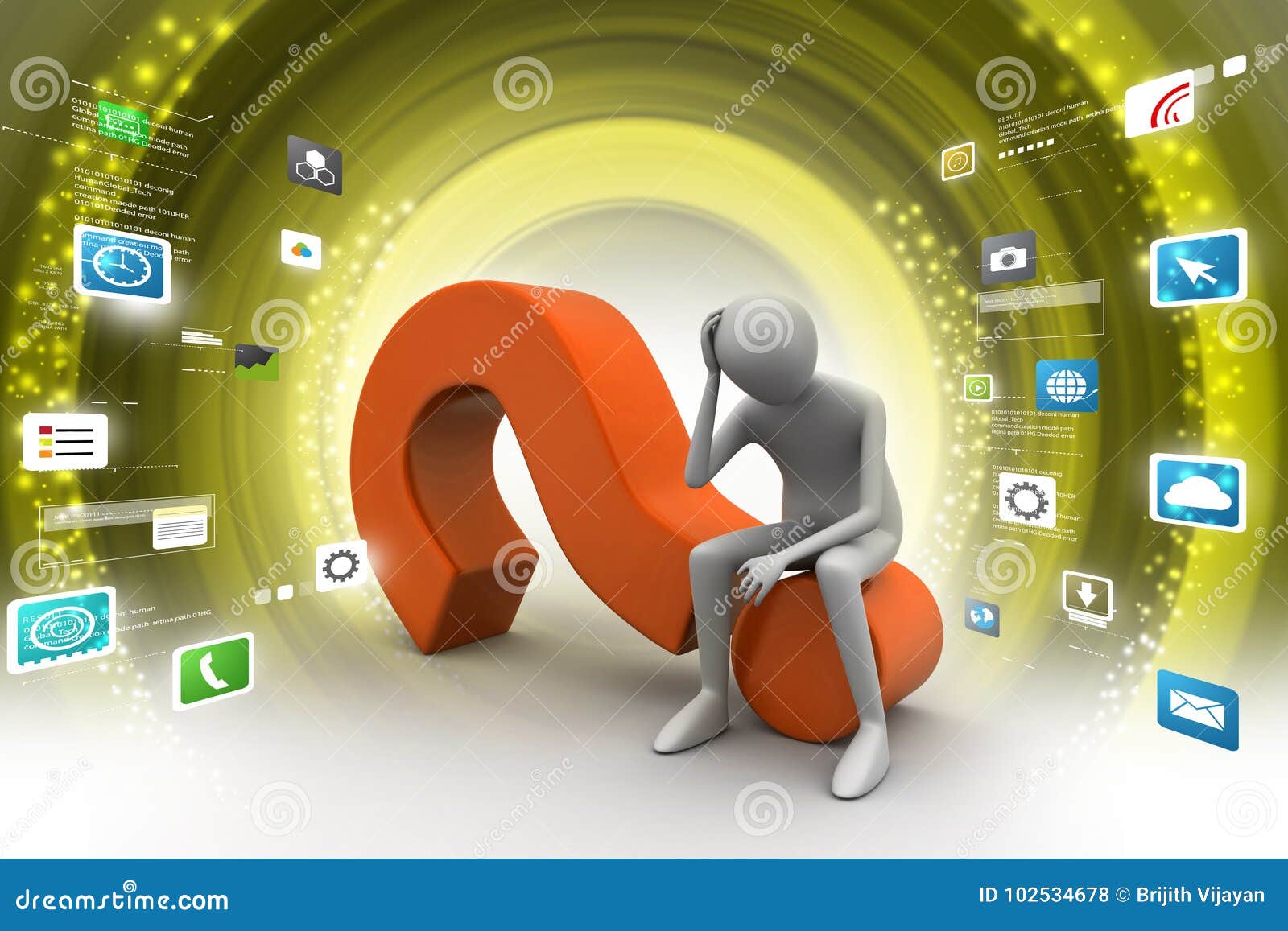 3d Man Sitting on the Question Mark Stock Illustration - Illustration ...