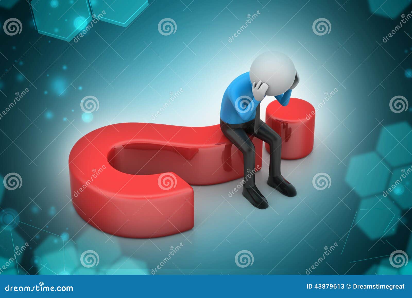3d Man Sitting on a Question Mark Stock Illustration - Illustration of ...