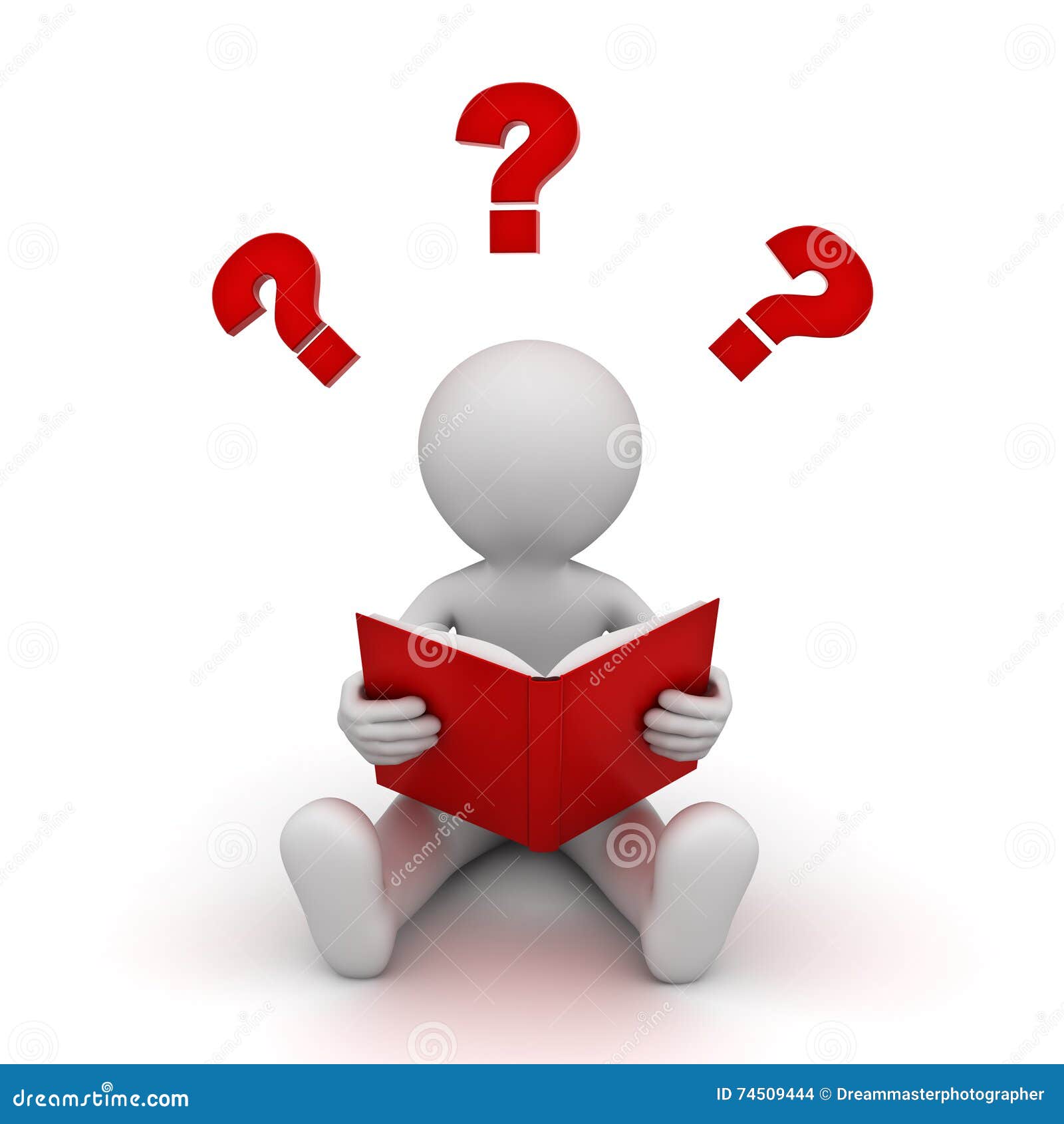 3d Man Sitting and Reading a Red Book with Question Marks Over White ...