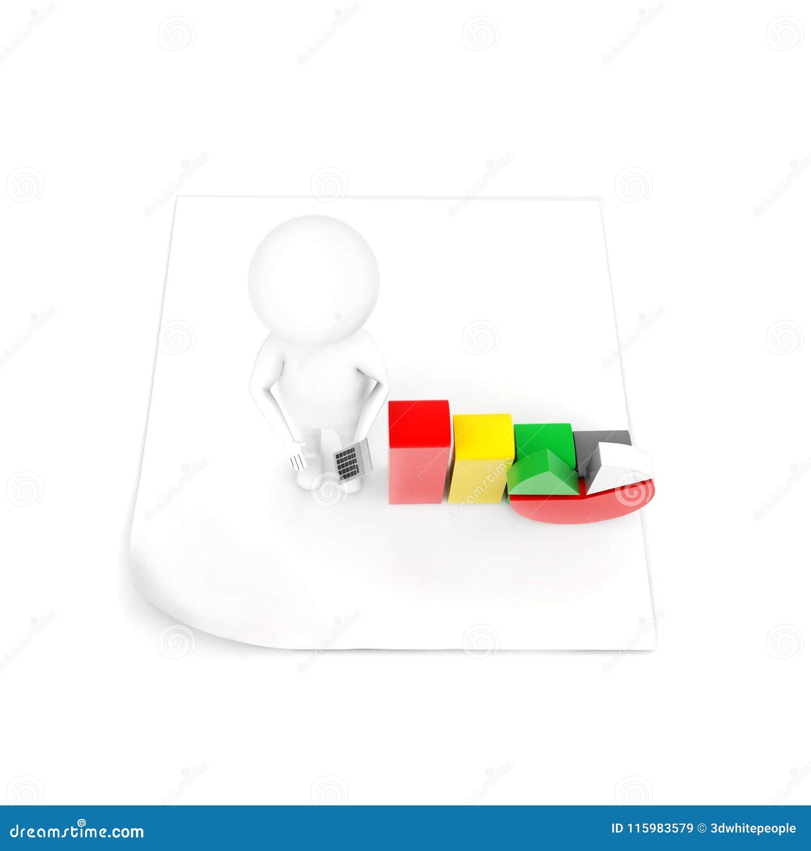 3d Man Standing On Plain Paper Presenting Pie Chart And Bar Graph ...