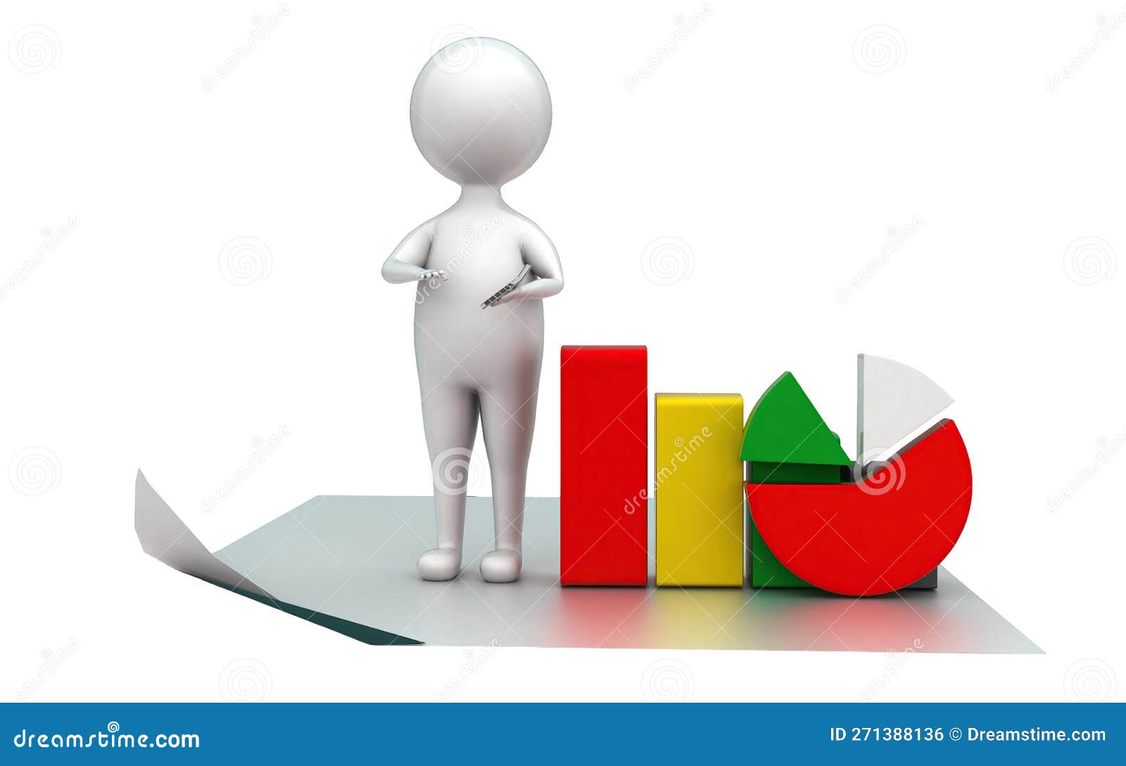 3d Man Standing on Plain Paper Presenting Pie Chart and Bar Graph ...