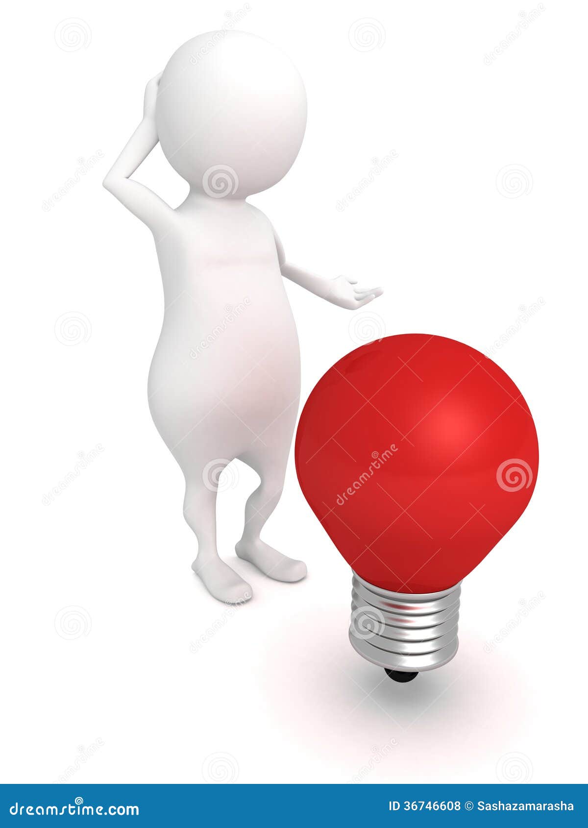 3d Man Think Idea Red Light Concept Bulb Stock Illustration ...