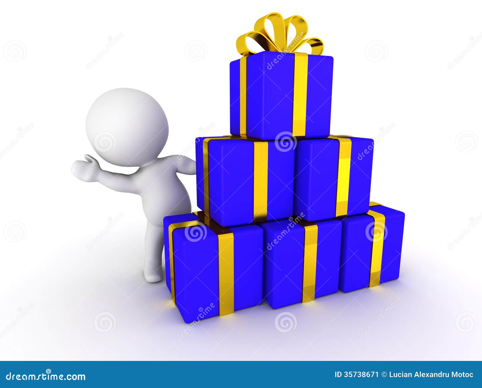 3D Man Waving From Behind Stack Of Wrapped Gifts Stock Image ...